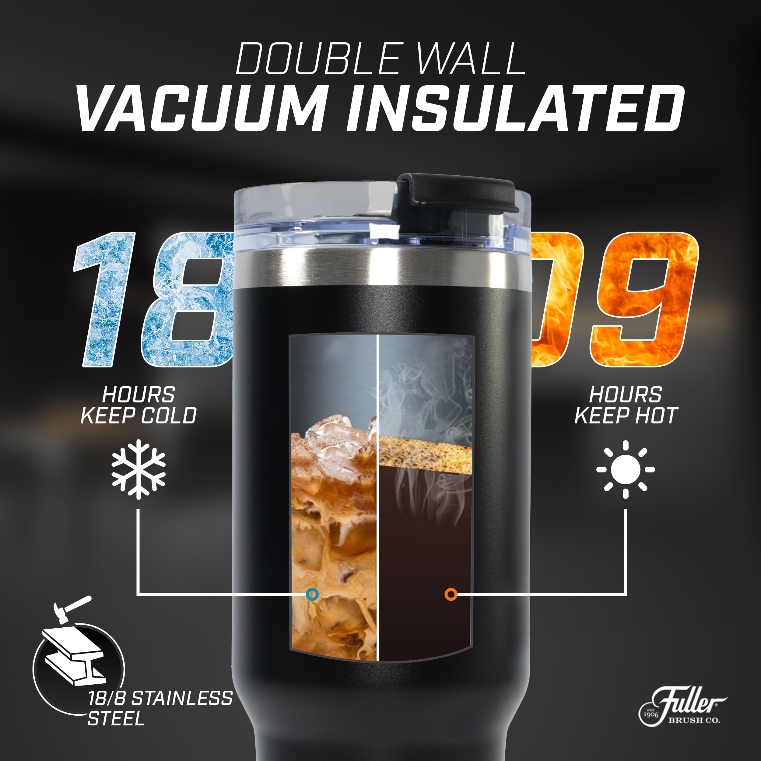 Fuller Brush Stainless Steel Tumbler with Handle - 40 oz. – Lead & BPA-Free - Double-Wall Insulated Travel Mug – Keeps Drinks Hot or Cold for Hours – Spill-Resistant Lid & Straw (Charcoal Gray)