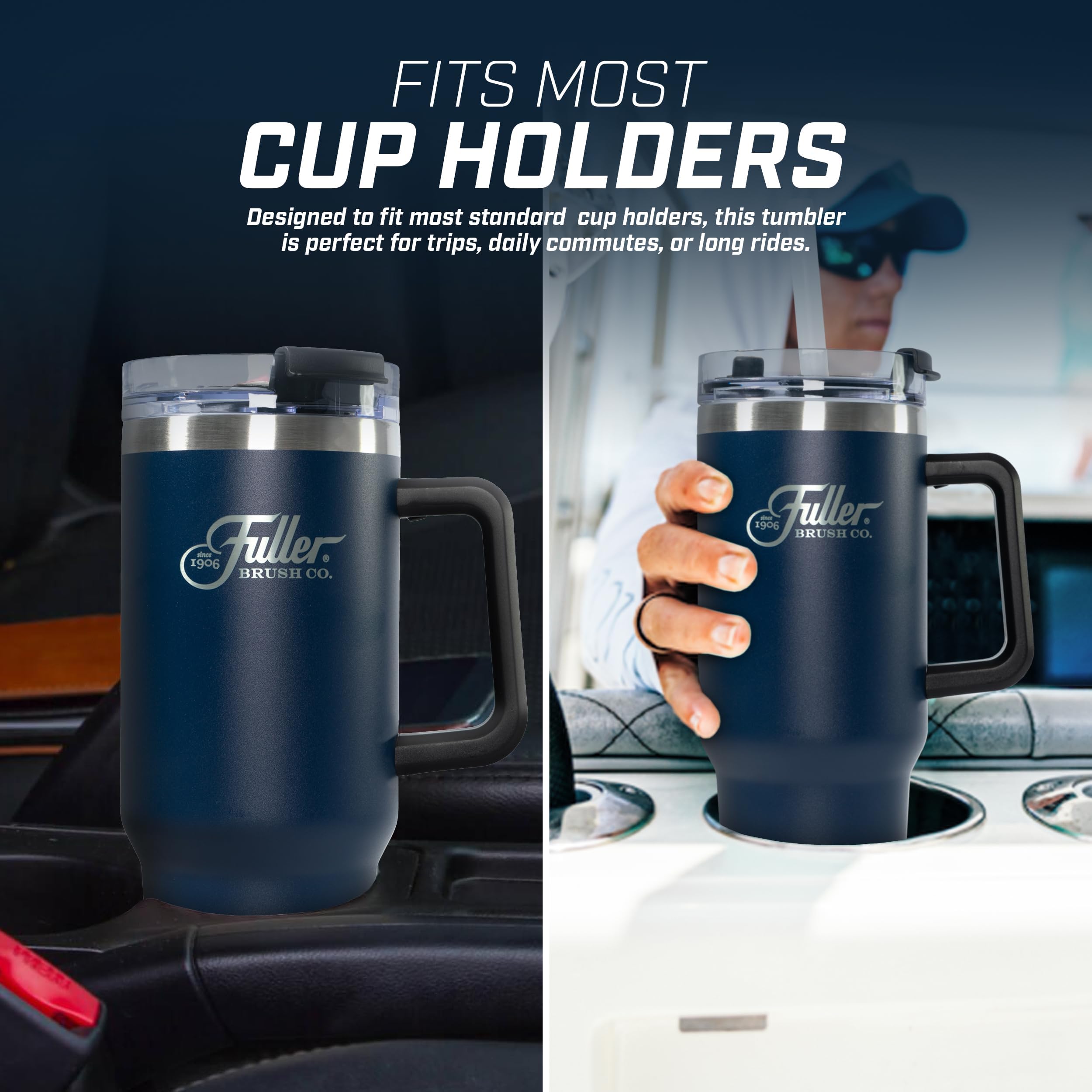 Fuller Brush Stainless Steel Tumbler with Handle - 40 oz. – Lead & BPA-Free - Double-Wall Insulated Travel Mug – Keeps Drinks Hot or Cold for Hours – Spill-Resistant Lid & Straw (Steel Blue)