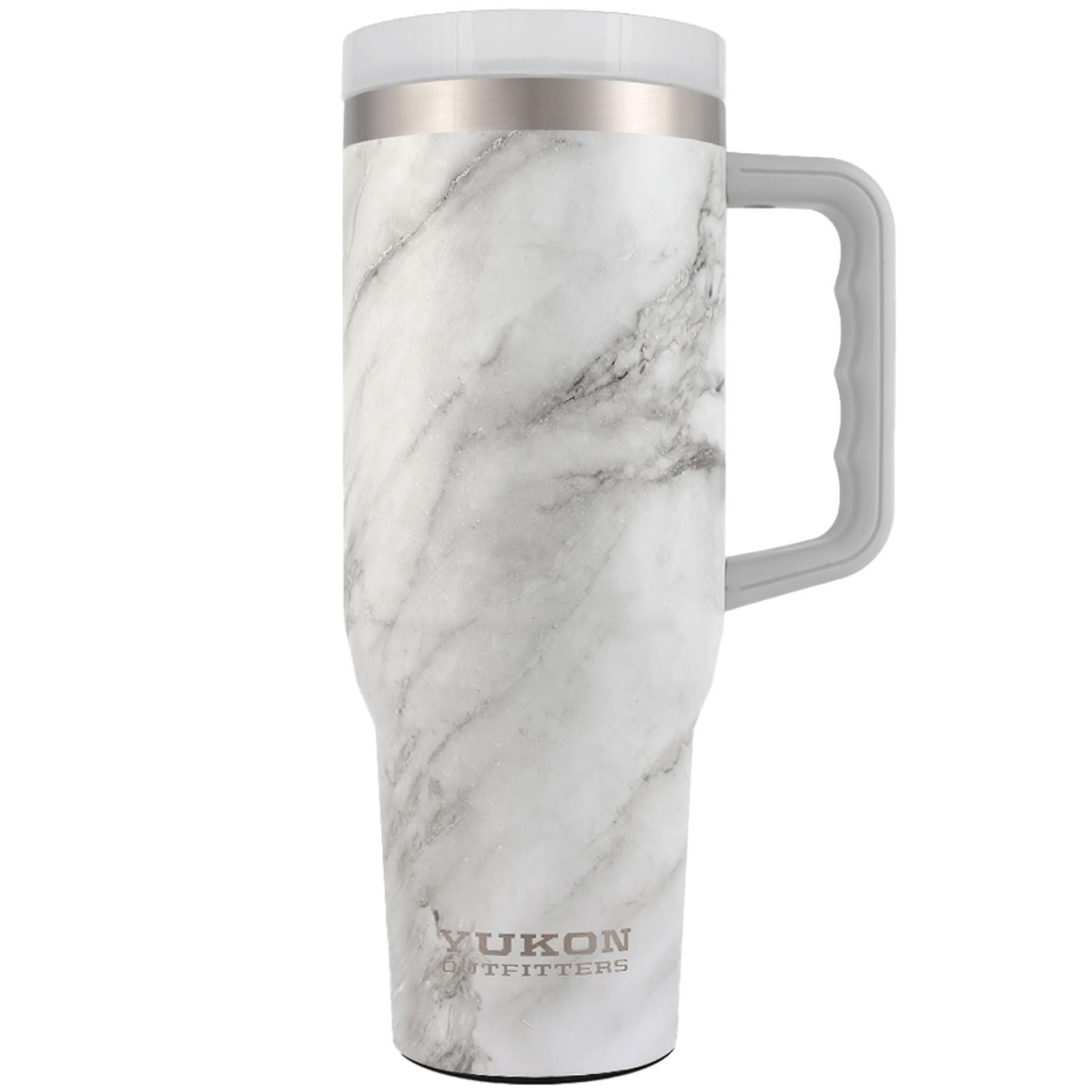 Yukon Outfitters Fit Forty 40oz Double Wall Vacuum Insulated Stainless Steel Tumbler with Reusable Straw & Ergonomic Handle | For Hot or Cold Beverage, White Marble