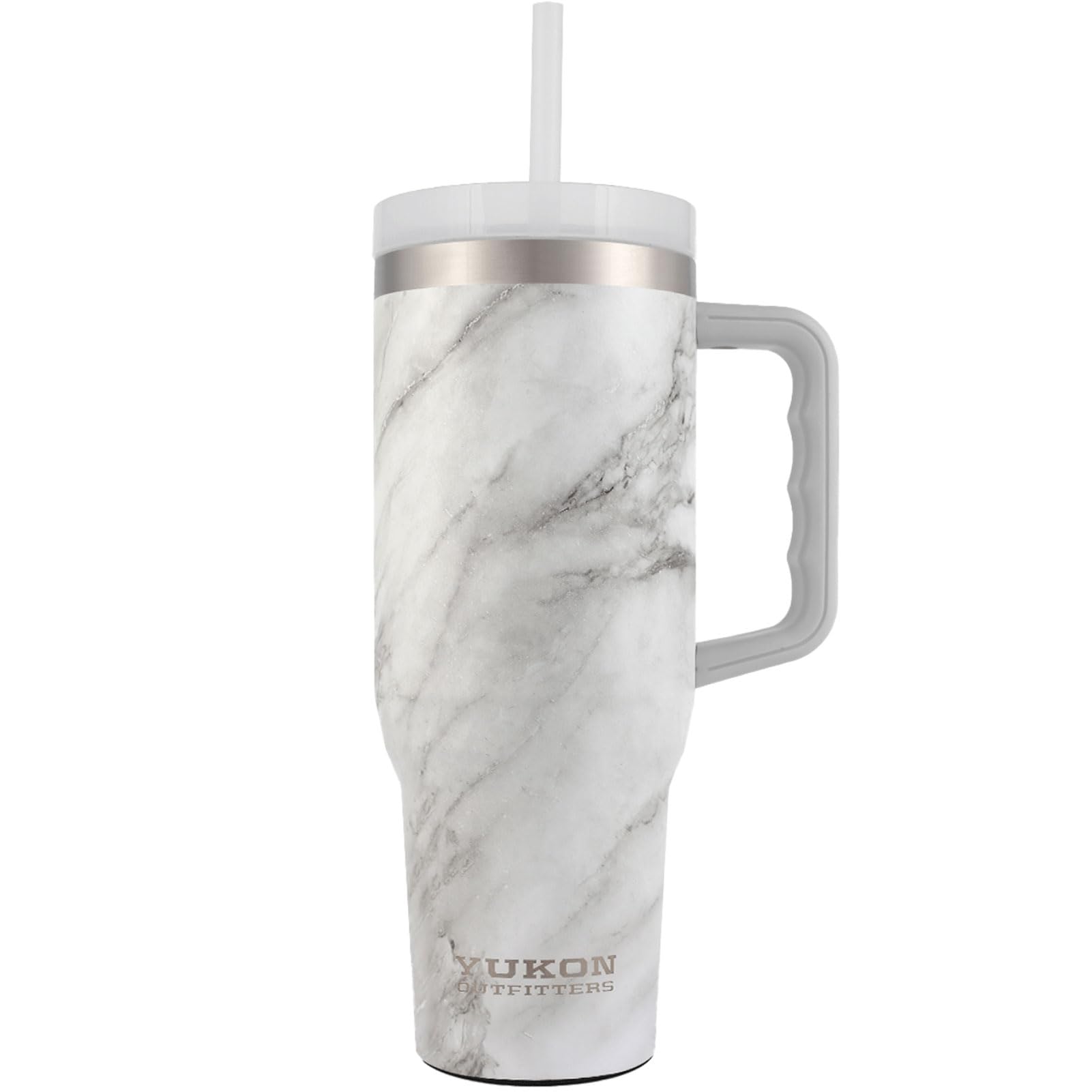 Yukon Outfitters Fit Forty 40oz Double Wall Vacuum Insulated Stainless Steel Tumbler with Reusable Straw & Ergonomic Handle | For Hot or Cold Beverage, White Marble