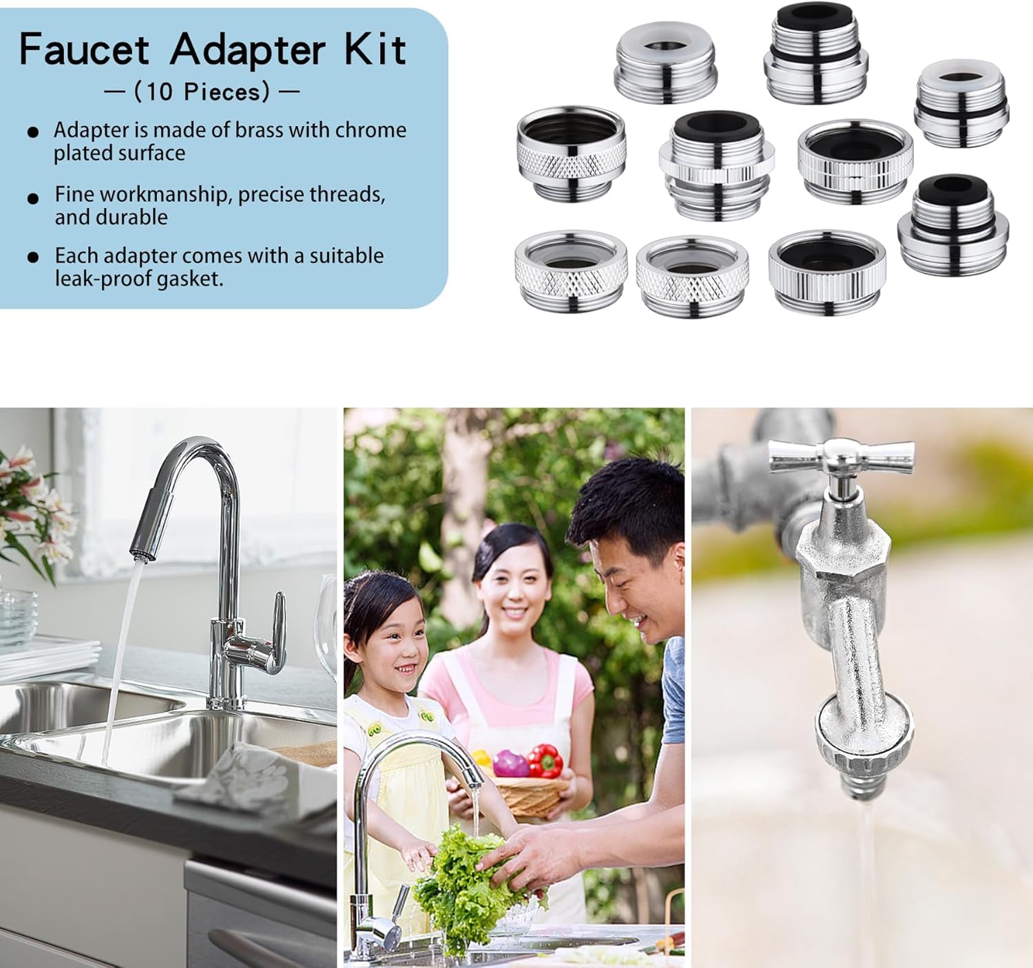 Faucet Adapter Kit, Brass Kitchen Sink Aerator Adapter,Male/Female Sink Faucet Adapter to Connect Garden Hose, Water Filter, Standard Hose via Diverter (10 Pieces)