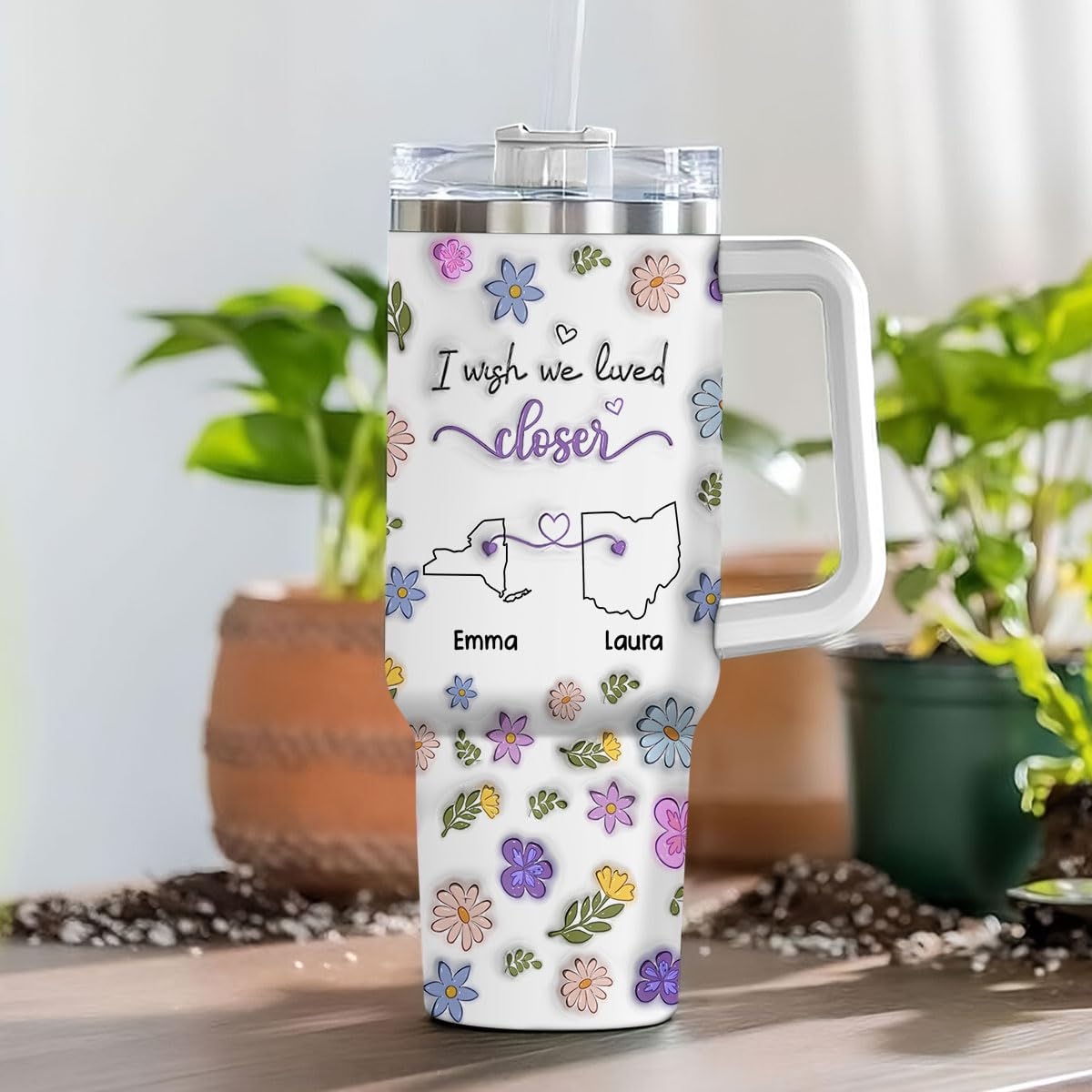 Wrappiness I Wish We Lived Closer Tumbler - Personalized Custom 3D Inflated Effect Printed 40Oz Tumbler Long Distance Friendship Gift Custom State to State Going away Gift for Sister Friend (A05)