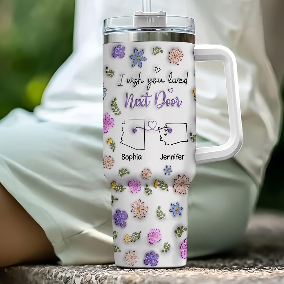Wrappiness I Wish We Lived Closer Tumbler - Personalized Custom 3D Inflated Effect Printed 40Oz Tumbler Long Distance Friendship Gift Custom State to State Going away Gift for Sister Friend (A05)