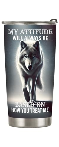 20oz Wolf Tumbler, Wolves Attitude Gifts for Wolf Lovers, Coffee Thermos for Men, Women, Stainless Steel Double Wall Vacuum Insulated Coffee Mug, Travel Cup with Lid - A