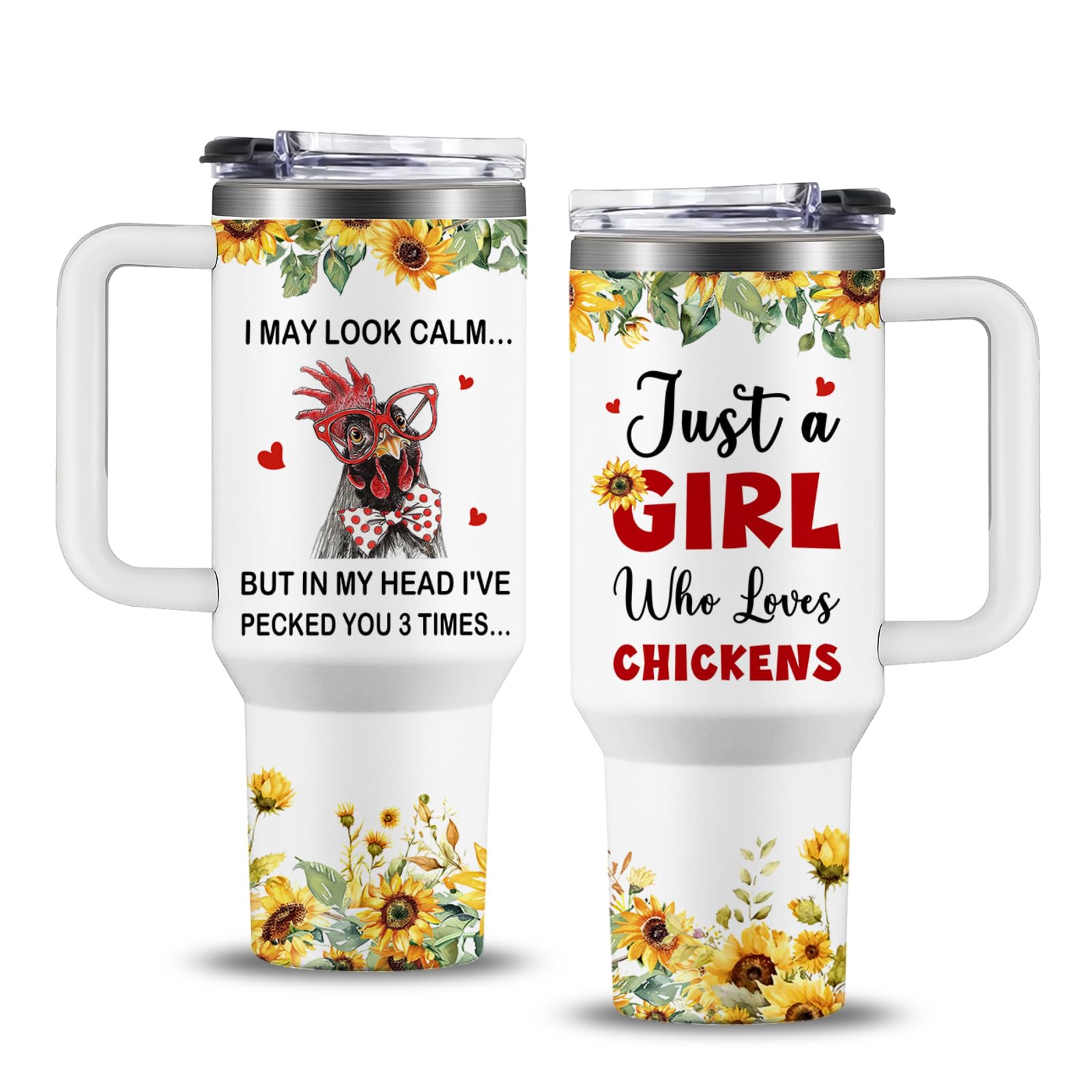 NIAXAUYT Chicken Gifts for Women - Chicken Tumbler Cup 40 oz - Funny Gifts for Chickens Lovers/Mom/Lady - Just a Girl Who Loves Chickens Themed Stainless Steel Mug, Sunflower