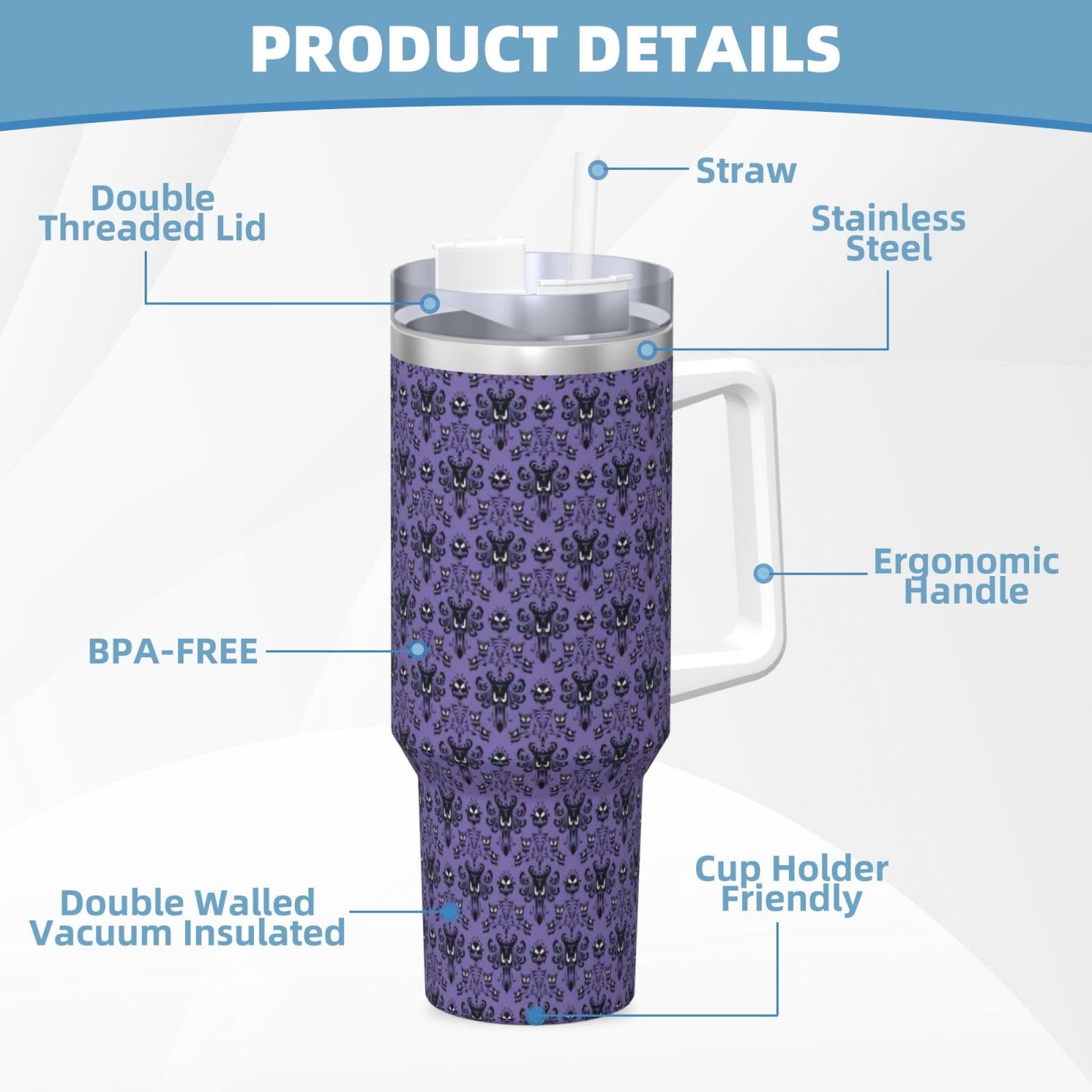 Haunted Mansions Print Insulated 40 Oz Stainless Steel Coffee Cup Thermos Travel Home Office Use Outdoor