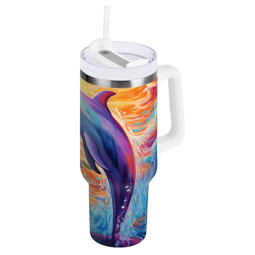 40 oz Sea Dolphins Insulated Tumbler with Handle, Stainless Steel Vacuum Water Bottles with Lid and Straw for Water, Iced Tea or Coffee