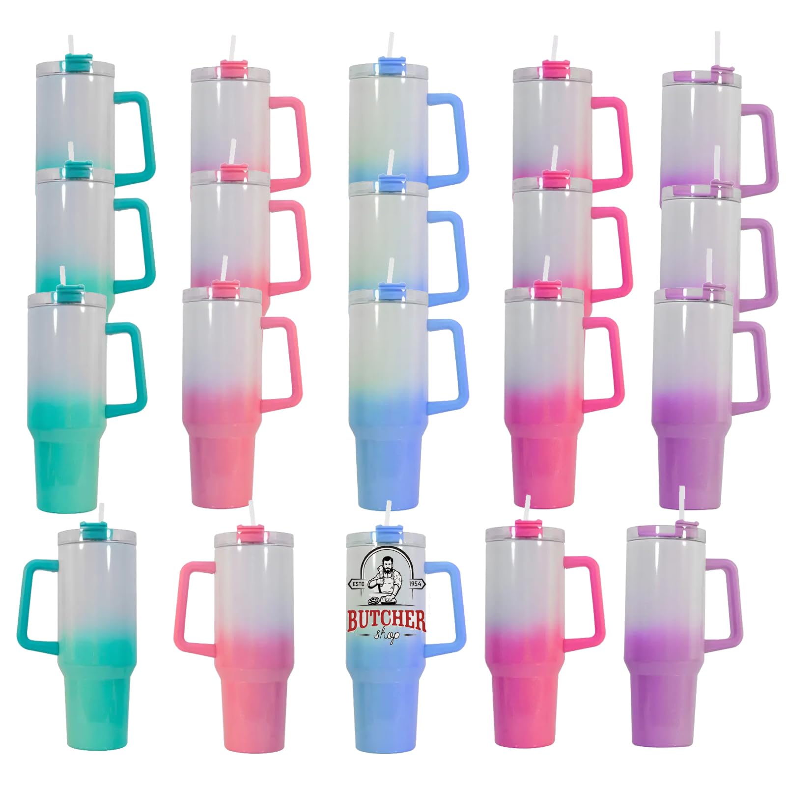 Icesip 40oz Sublimation Tumbler Blank, 20 Pack Sublimation Tumbler with Handle and Straw, Double Wall Vacuum Gradient Tumbler with Handle Blanks Stainless Steel for Heat Transfer Machine Printing
