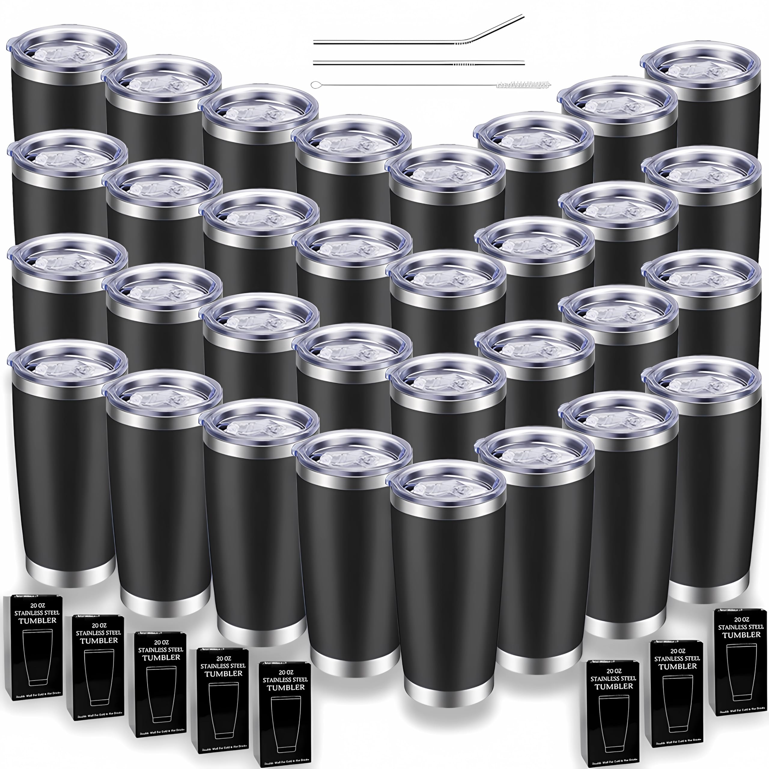 IEOVIEE 32 Packs 20oz Tumbler Bulk with Lid and Straw Stainless Steel Double Wall Insulated Travel Tea cups Coffee Mug Powder Coated Tumbler Cup for hot and cold drink (Black)