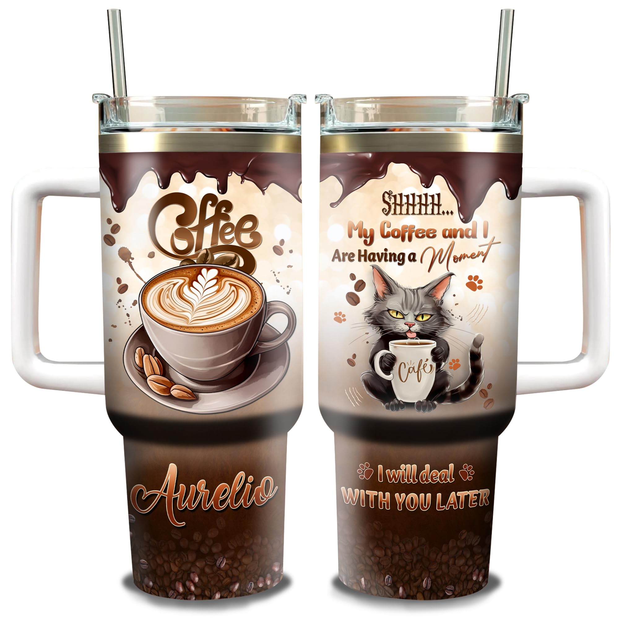 WAZONE Personalized Shh My Coffee And I Are Having A Moment 40oz Tumbler with Handle and Straw Lid Insulated Travel Mug Funny Customized Animal Gifts For Cat Lovers Men Women Birthday Present