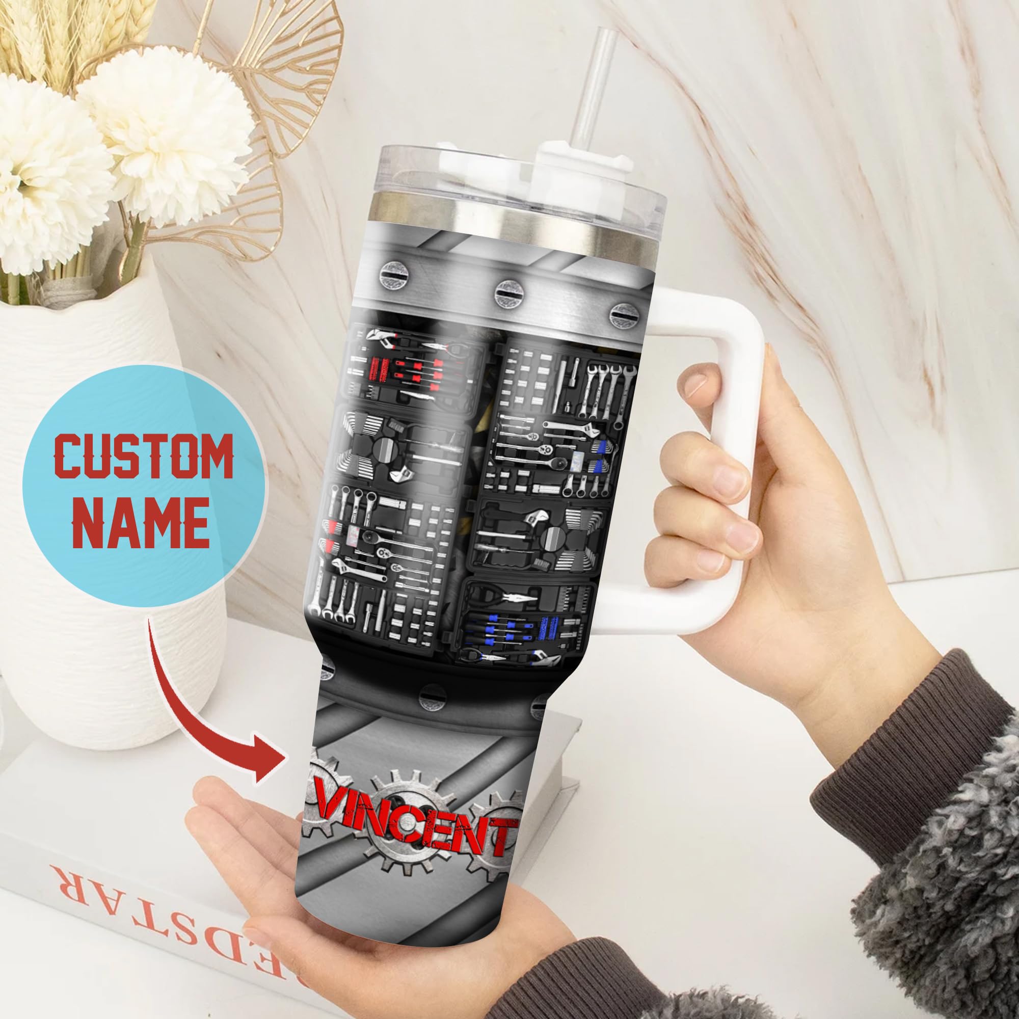 WAZONE Personalized Mechanic 40oz Tumbler with Handle Lid and Straw Customized Name Stainless Steel Insulated Coffee Travel Mug Cup Holiday Birthday Christmas Mechanics Themed Gift for Men Him