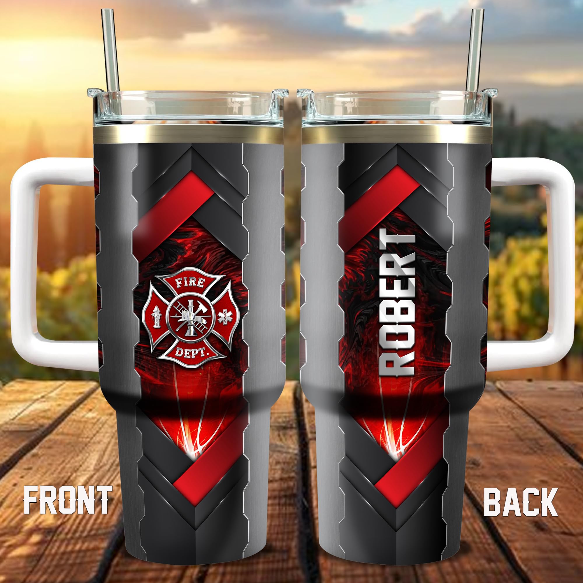 WAZONE Personalized Firefighter 40oz Tumbler with Handle Lid and Straw Custom Name Fireman Stainless Steel Insulated Cup Travel Mug Birthday Christmas Firefighters Fire Fighter Gift For Men Dad