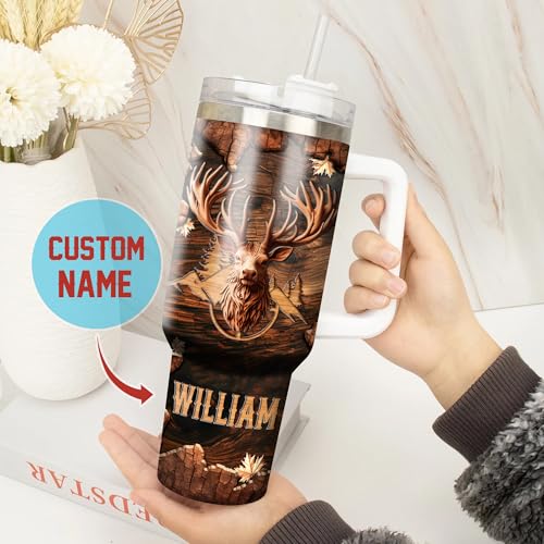 WAZONE Personalized I'd Rather Be Hunting 40oz Tumbler with Handle Lid and Straw Customized Name Stainless Steel Tumblers Travel Mug Cup Gift Birthday Christmas for Women Her Deer Hunter
