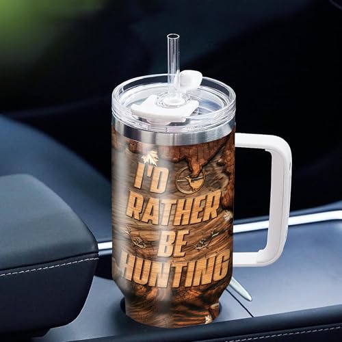 WAZONE Personalized I'd Rather Be Hunting 40oz Tumbler with Handle Lid and Straw Customized Name Stainless Steel Tumblers Travel Mug Cup Gift Birthday Christmas for Women Her Deer Hunter