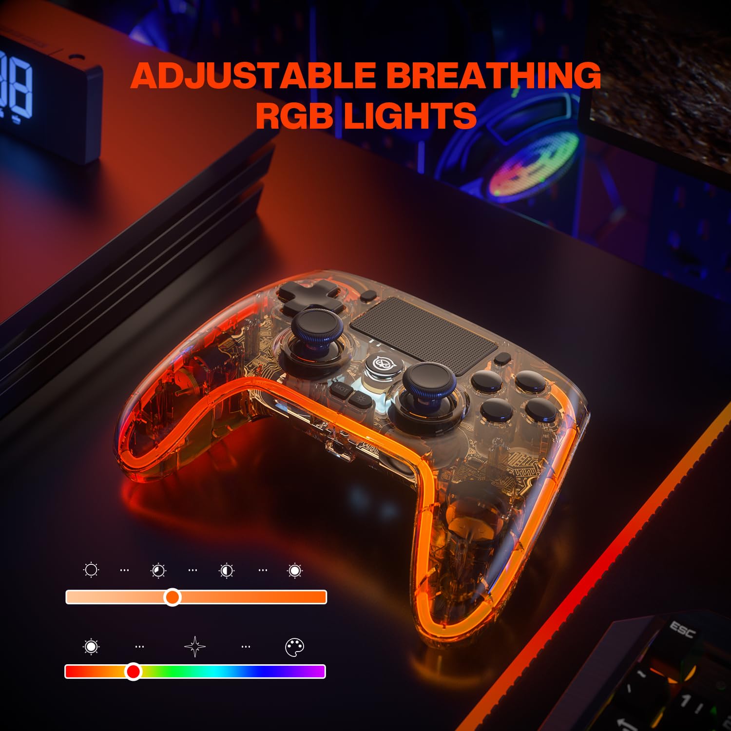 NYXI Wireless Controller for PS4, Hall Effect Joysticks Triggers, Transparent Controller with Breathing RGB Light, Programmable Buttons, 3.5mm Audio Jack Compatible with PS4/PC/iOS/Android