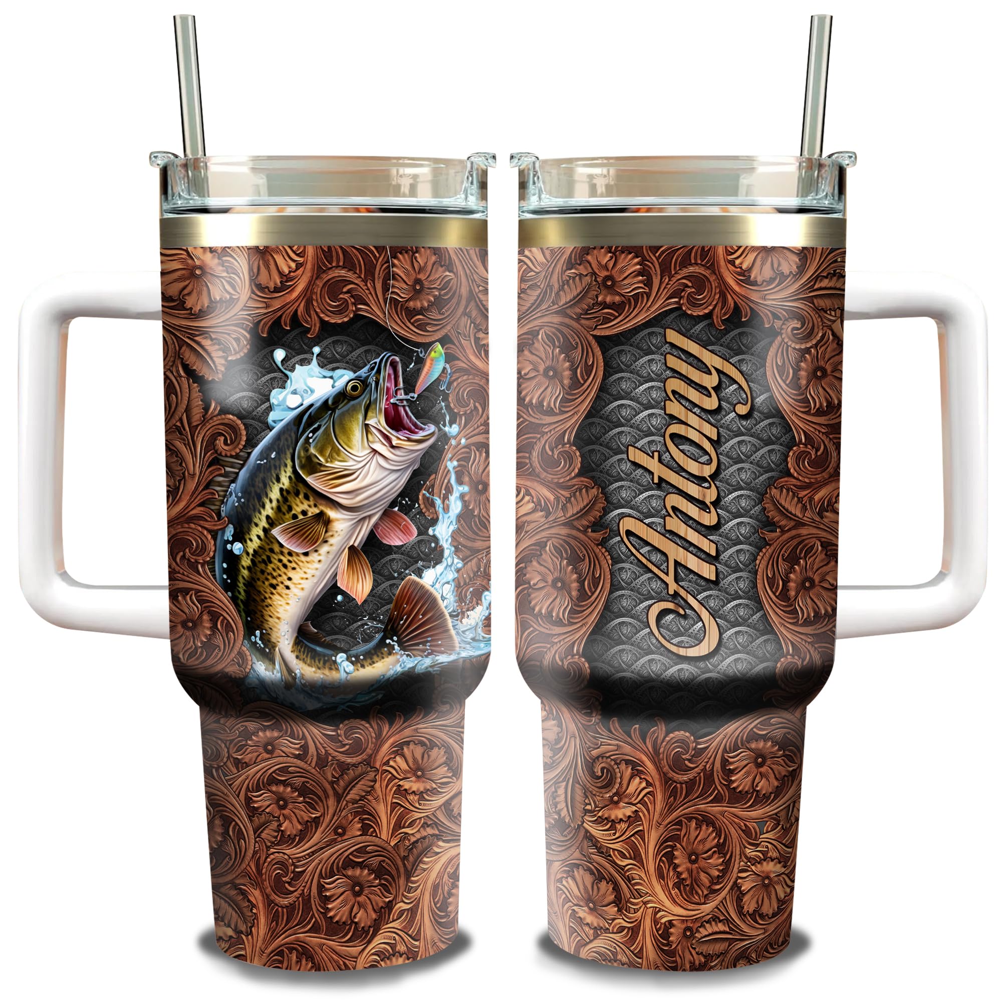 WAZONE Personalized Fishing 40oz Tumbler with Handle and Straw Lid Fish Custom Name Stainless Steel Tumblers Gifts Birthday Christmas Fathers Day for Fisherman Men Dad Boy Friend Husband Grandpa