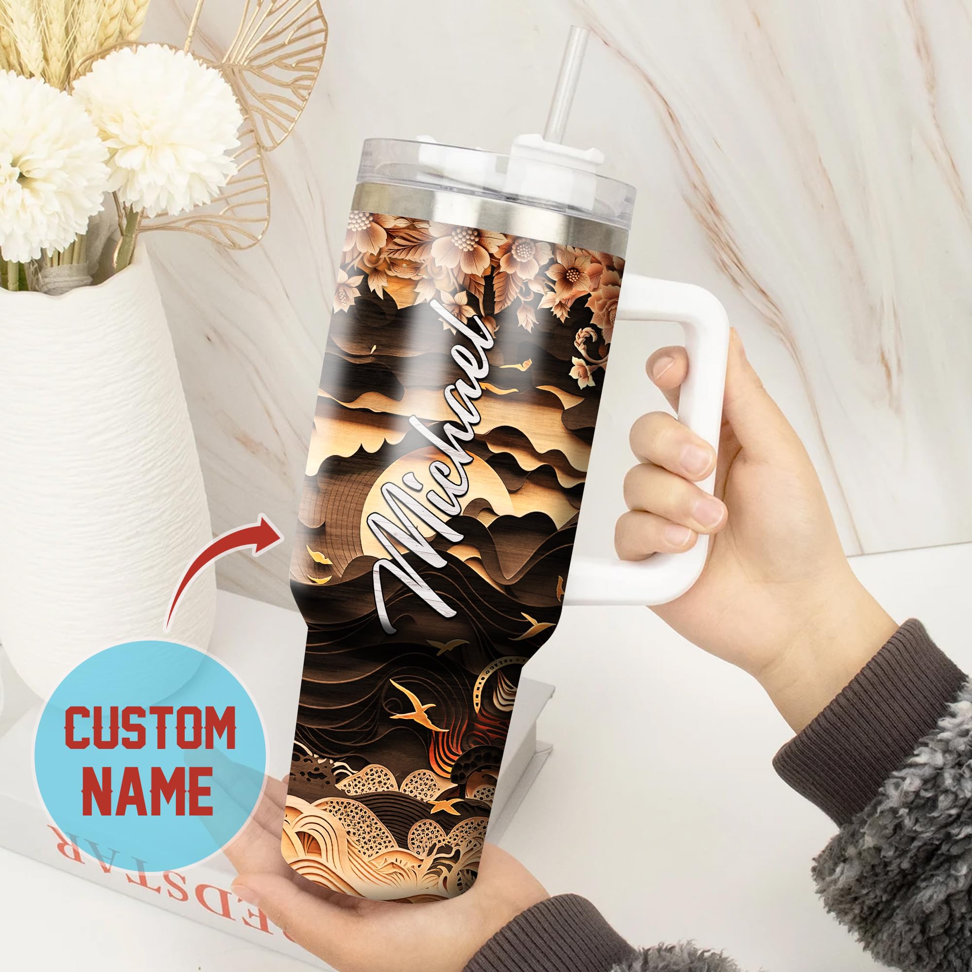WAZONE Personalized Turtle 40oz Tumbler with Handle and Straw Lid Customized Animal Wooden Drawings Tumblers Stainless Steel Insulated Coffee Travel Mug Custom Gifts for Turtles Lover Men Women