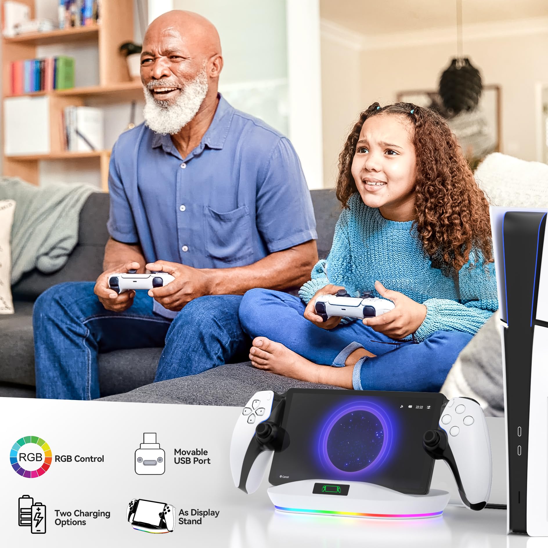 Charging Stand for PS Portal Remote Player, PS Portable Charging Dock with Light Modes, PS Portal Stand Charger, Portal Dock Station with Magnetic Connector, PS Portable Holder Charging Base, White