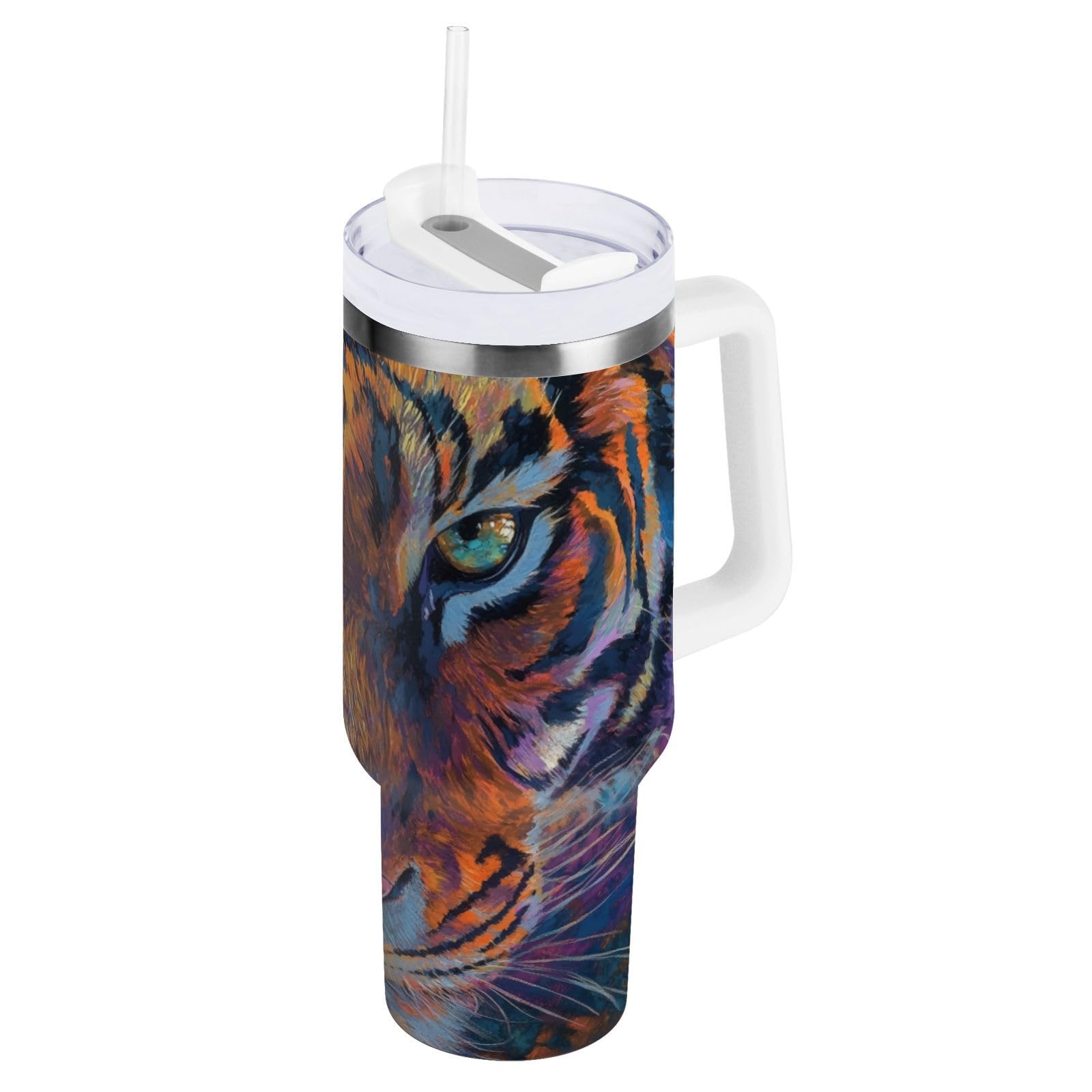 Msyxl 40 oz Insulated Stainless Steel Tumbler with Handle and Straw Lid - Leak-proof Coffee Mug for Men Women, Travel Mug Fits Cup Holder (Close-up Tiger Face)
