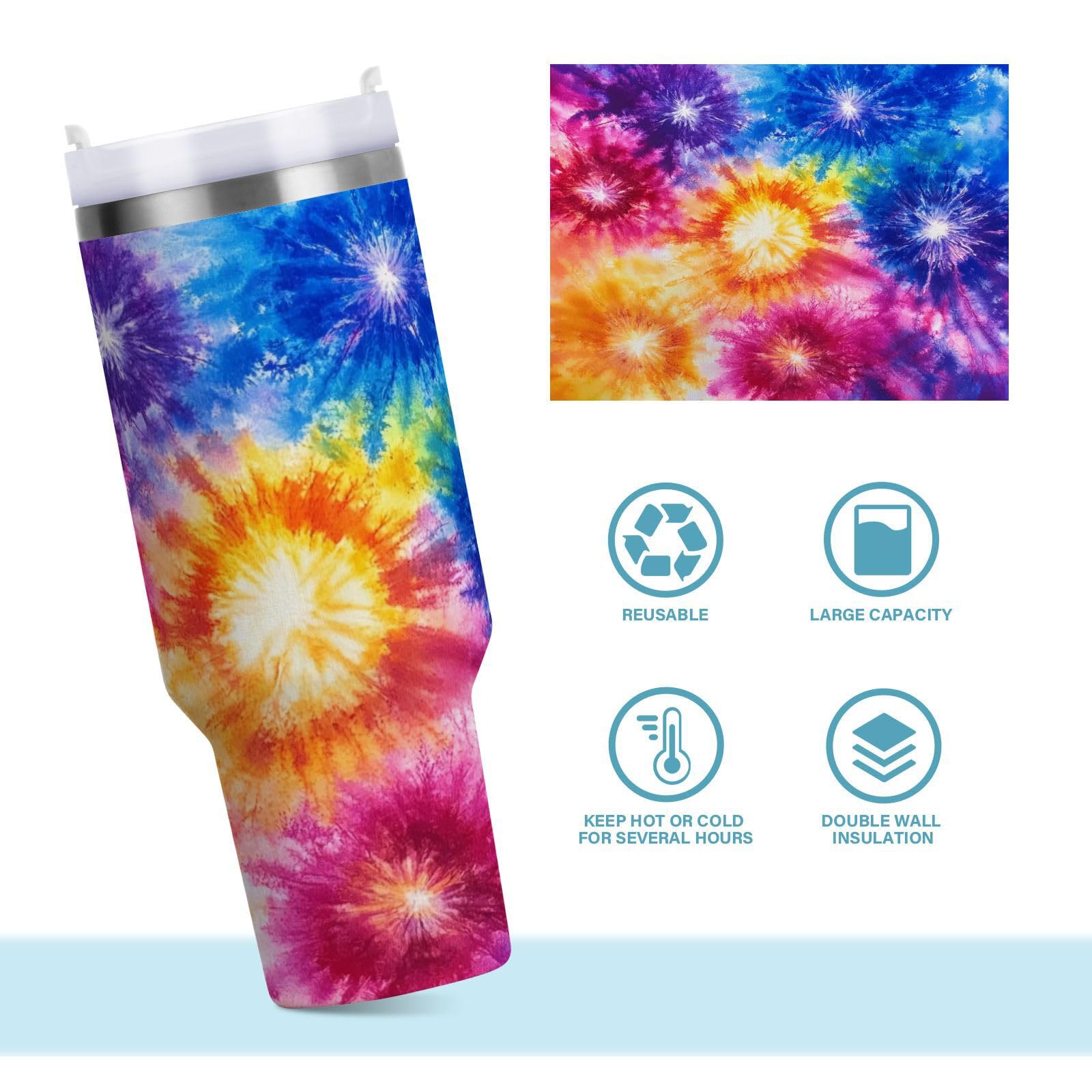 Msyxl 30 oz Insulated Stainless Steel Tumbler with Handle and Straw Lid - Leak-proof Coffee Mug for Men Women, Travel Mug Fits Cup Holder (Bright Tie-dye Pattern)