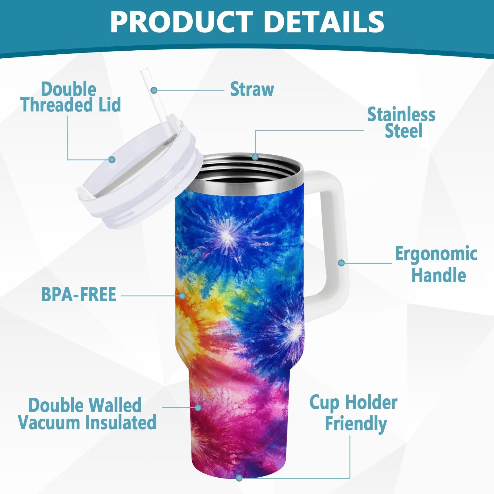 Msyxl 30 oz Insulated Stainless Steel Tumbler with Handle and Straw Lid - Leak-proof Coffee Mug for Men Women, Travel Mug Fits Cup Holder (Bright Tie-dye Pattern)