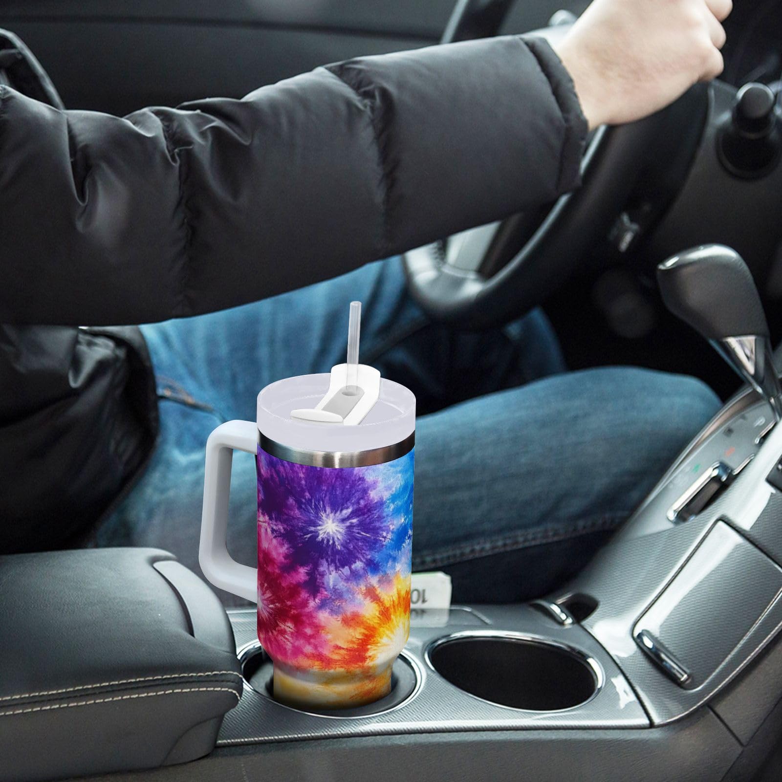 Msyxl 30 oz Insulated Stainless Steel Tumbler with Handle and Straw Lid - Leak-proof Coffee Mug for Men Women, Travel Mug Fits Cup Holder (Bright Tie-dye Pattern)
