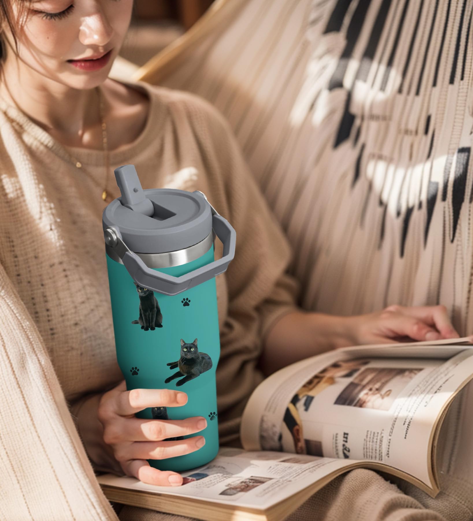 30oz Stainless Steel Vacuum Insulated Water Bottle (Cat-Blue)
