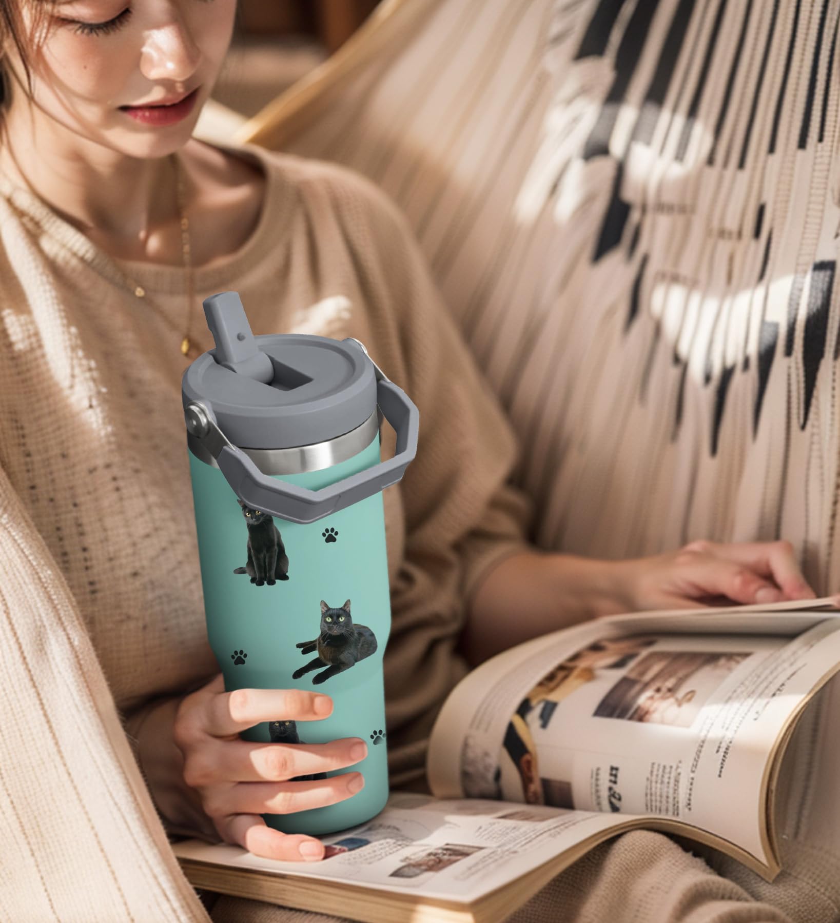 Cat Tumbler for Cat Owners, 30oz Stainless Steel Vacuum Insulated Water Bottle (Cat-Seaform)