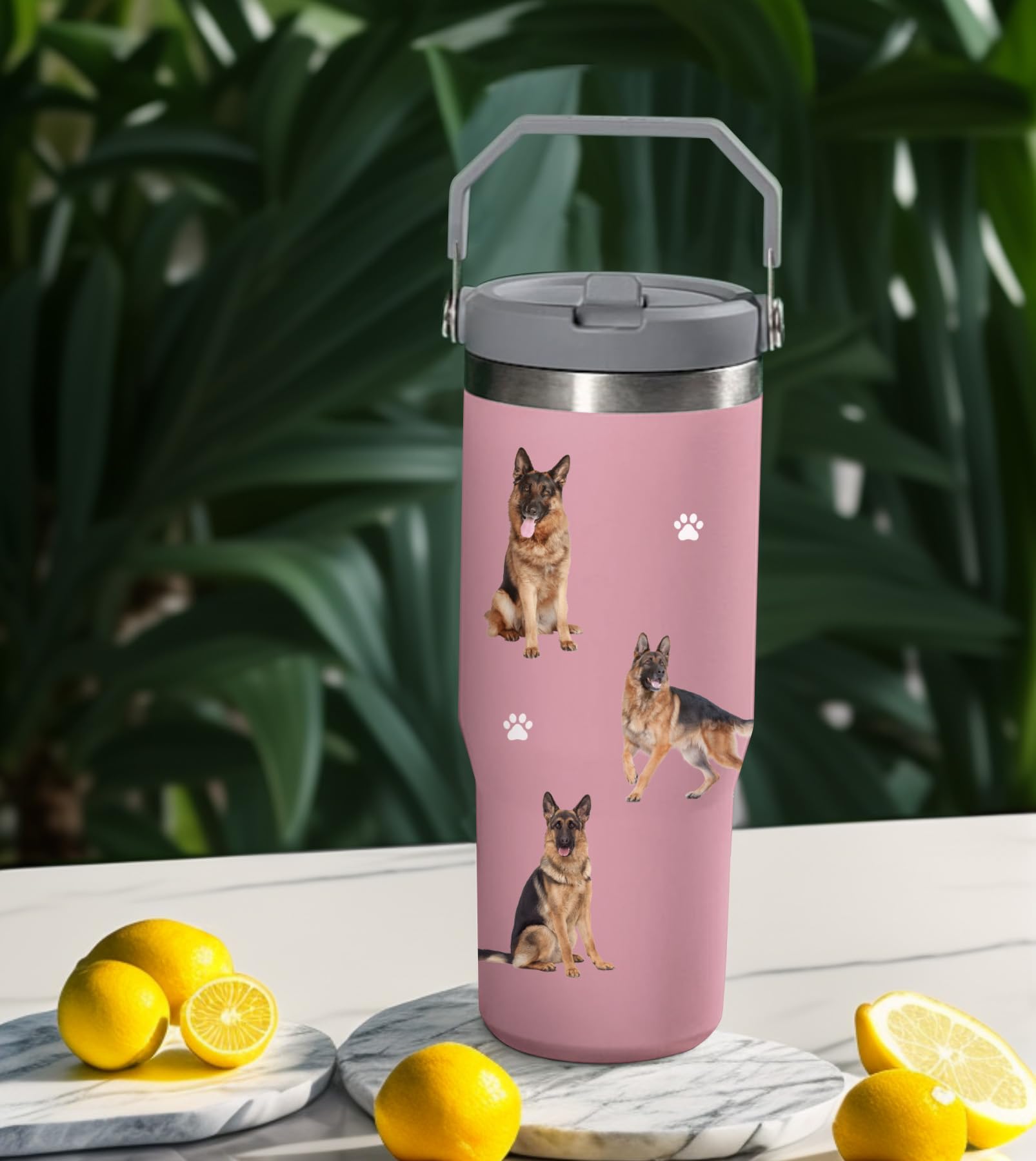 Caiibaoob German Shepherd Tumbler for German Shepherd Owners, 30oz Stainless Steel Vacuum Insulated Water Bottle (German Shepherd-Blush)