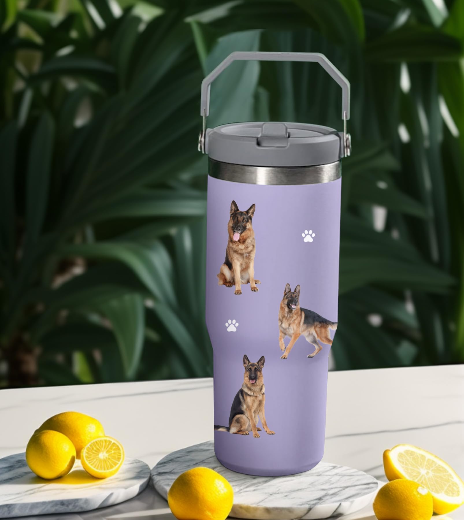 Caiibaoob German Shepherd Tumbler for German Shepherd Owners, 30oz Stainless Steel Vacuum Insulated Water Bottle (German Shepherd-Lavender)