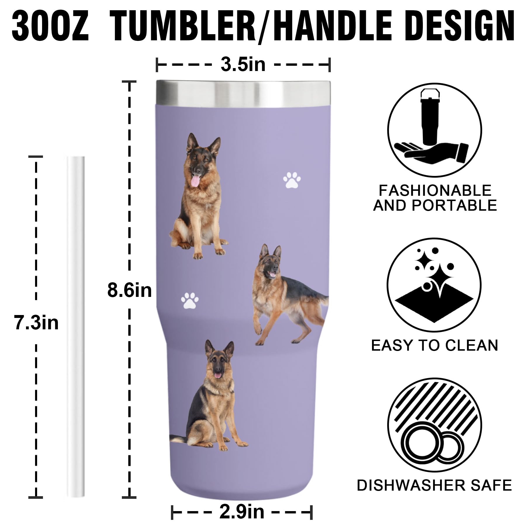 Caiibaoob German Shepherd Tumbler for German Shepherd Owners, 30oz Stainless Steel Vacuum Insulated Water Bottle (German Shepherd-Lavender)
