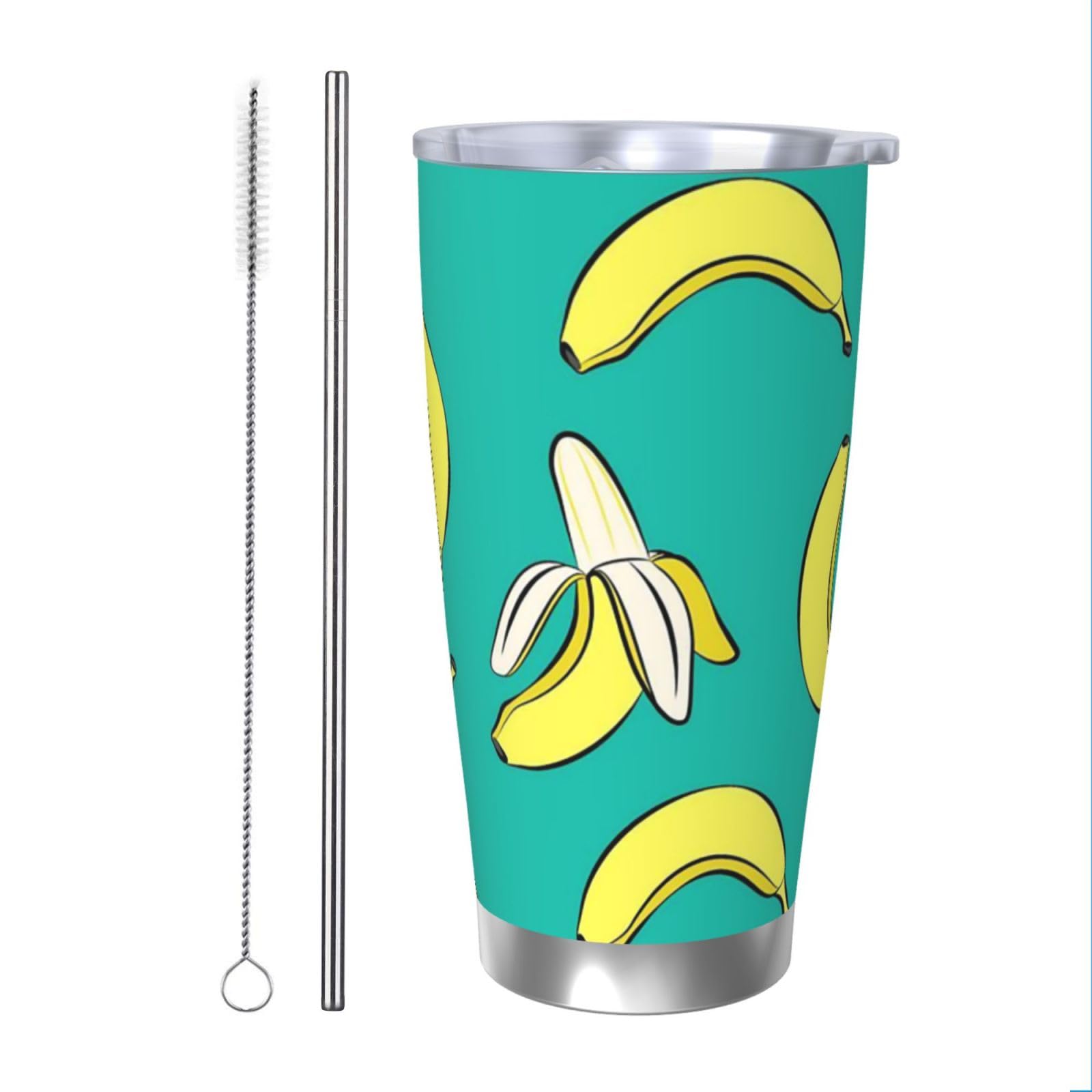 DITXIT Bananas On Green 20oz Tumbler Stainless Steel Vacuum Insulated Coffee Travel Mug, Durable Insulated Coffee Travel Mug with Splash-Proof Lid Metal Straw and Brush Thermal Cup for Outdoor