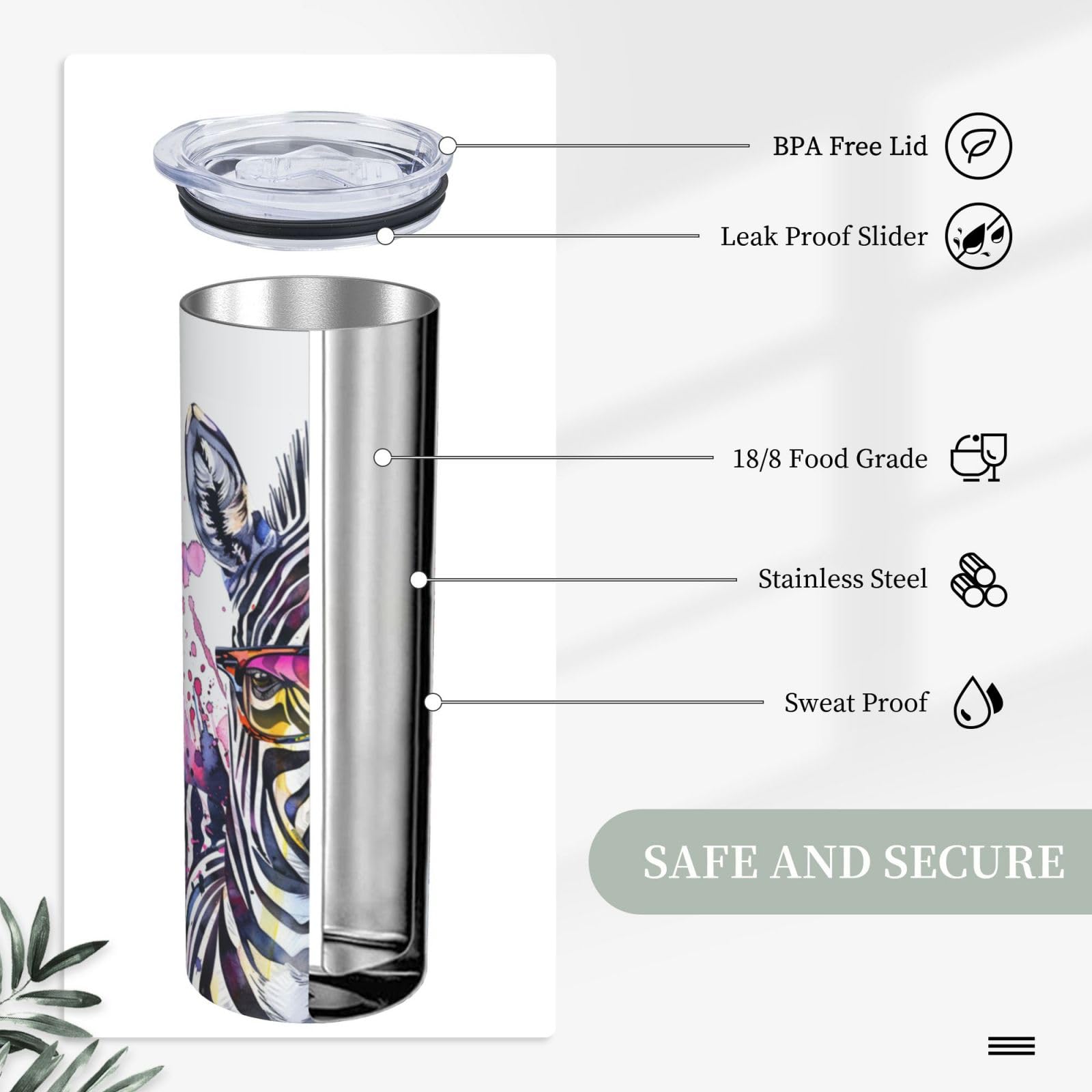 Tangopi Splash Zebra 20 oz Tumbler with Lid and Straw Insulated Travel Coffee Mug Reusable Spill Proof Coffee Cups Stainless Steel Water Bottle for Hot and Cold Drinks