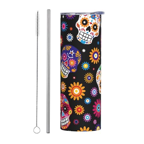 Tangopi Skull Head Floral 20 oz Tumbler with Lid and Straw Insulated Travel Coffee Mug Reusable Spill Proof Coffee Cups Stainless Steel Water Bottle for Hot and Cold Drinks