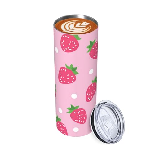 Tangopi Pink Strawberry Pattern 20 oz Tumbler with Lid and Straw Insulated Travel Coffee Mug Reusable Spill Proof Coffee Cups Stainless Steel Water Bottle for Hot and Cold Drinks