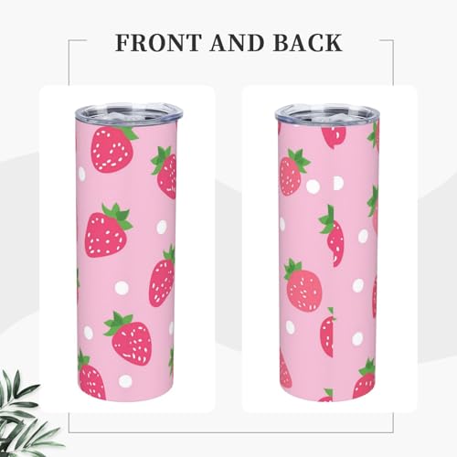 Tangopi Pink Strawberry Pattern 20 oz Tumbler with Lid and Straw Insulated Travel Coffee Mug Reusable Spill Proof Coffee Cups Stainless Steel Water Bottle for Hot and Cold Drinks