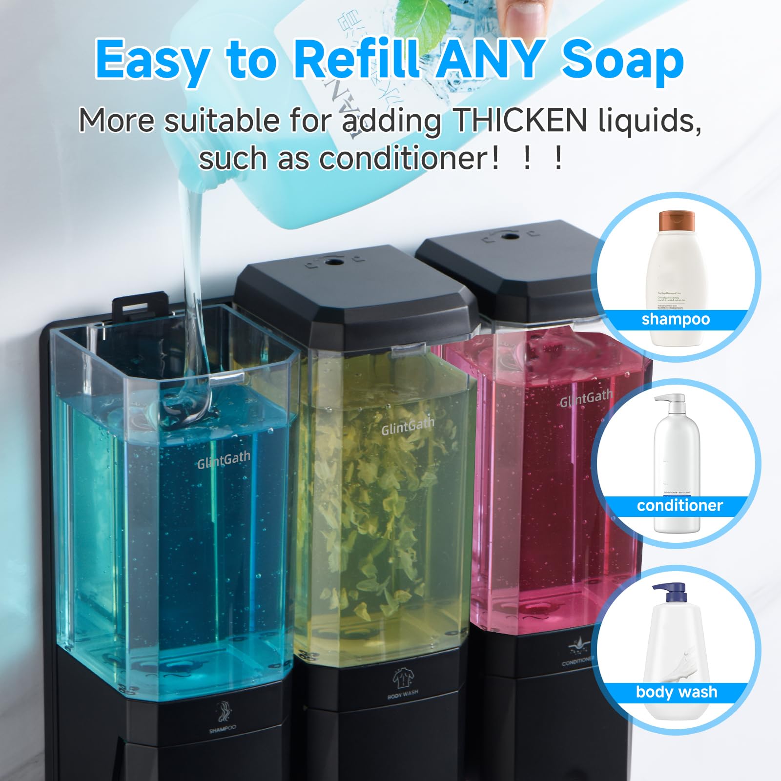 GlintGath Shower Dispenser 3 Chamber No Drill Wall Mounted Shampoo Conditioner Body Wash Dispenser, Large Capacity 1500ML, Black