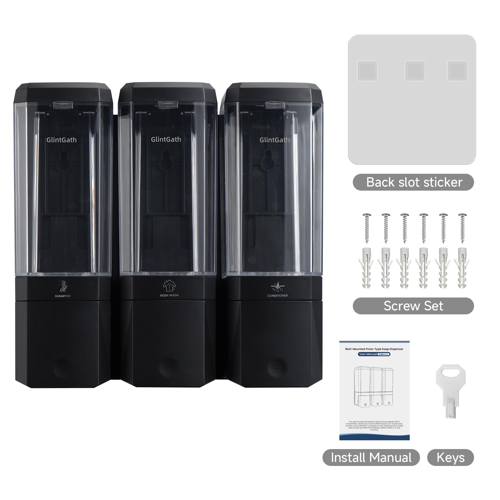 GlintGath Shower Dispenser 3 Chamber No Drill Wall Mounted Shampoo Conditioner Body Wash Dispenser, Large Capacity 1500ML, Black