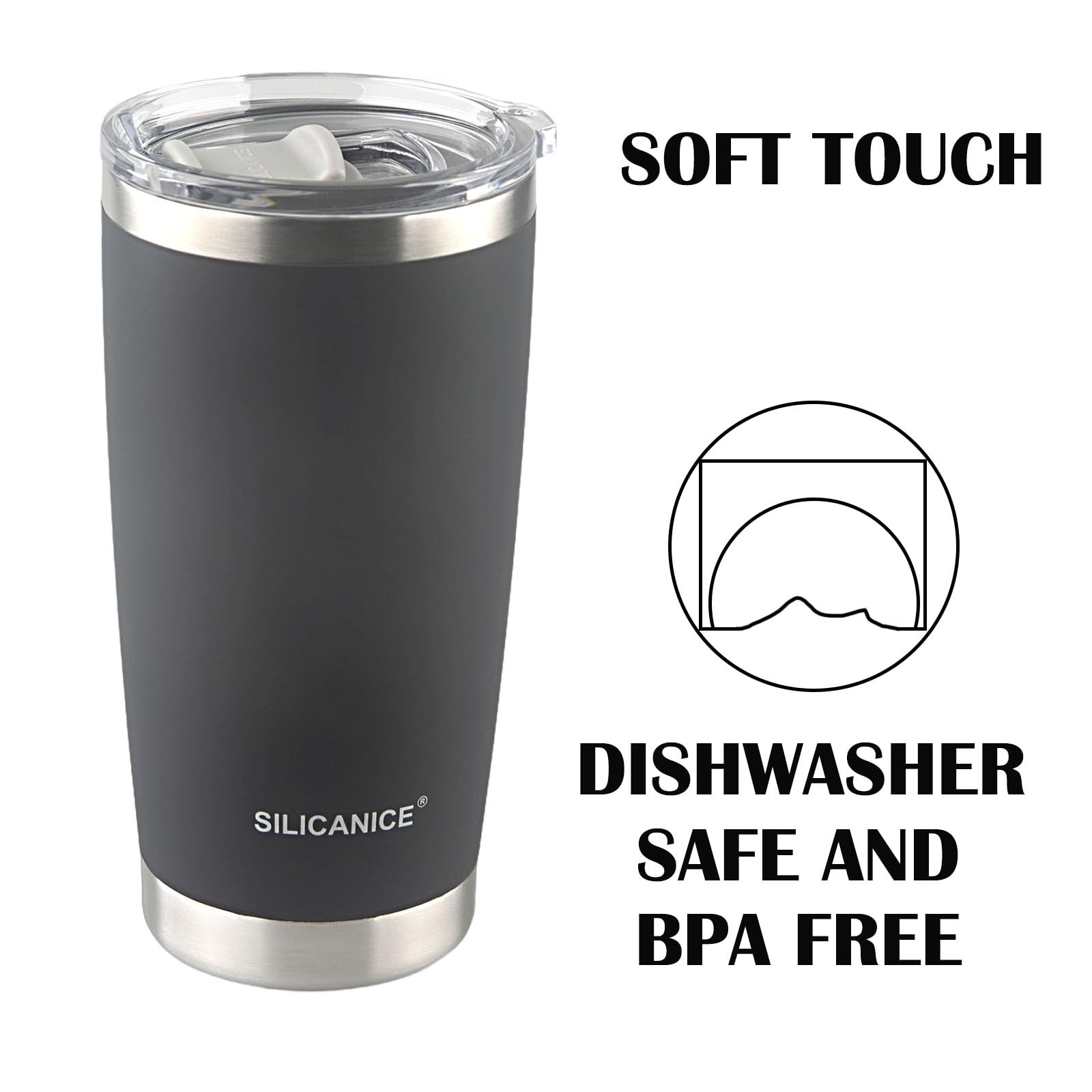 SILICANICE Gray The Only Soft Touch 20oz Stainless Steel Insulated Tumbler with MacSlider Lid-Spill Proof,Dishwasher Safe,Durable Thermal Cup for Hot/cold Coffee, Water & Smoothies