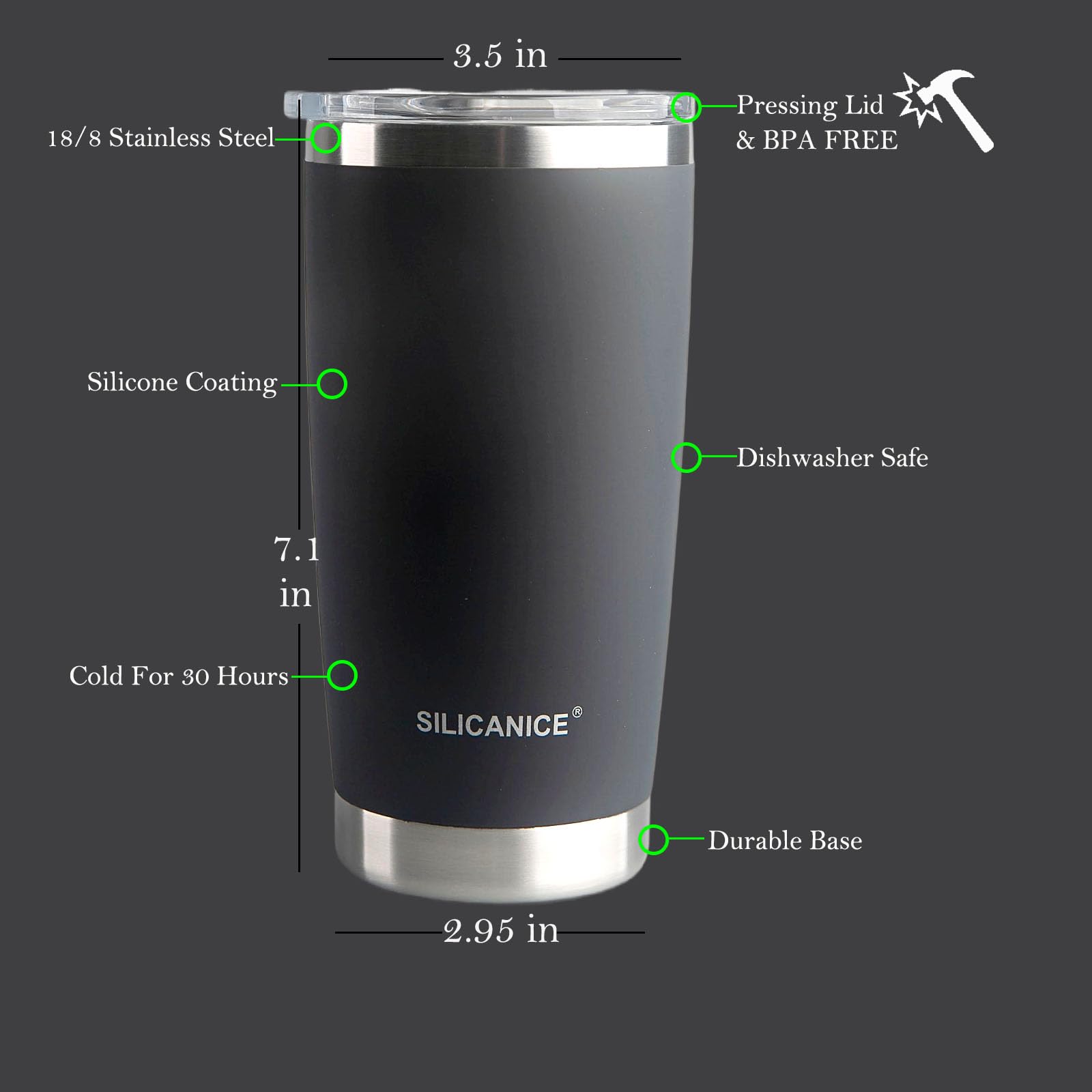 SILICANICE Black The Only Soft Touch 20oz Stainless Steel Insulated Tumbler with MacSlider Lid-Spill Proof,Dishwasher Safe,Durable Thermal Cup for Hot/cold Coffee, Water & Smoothies