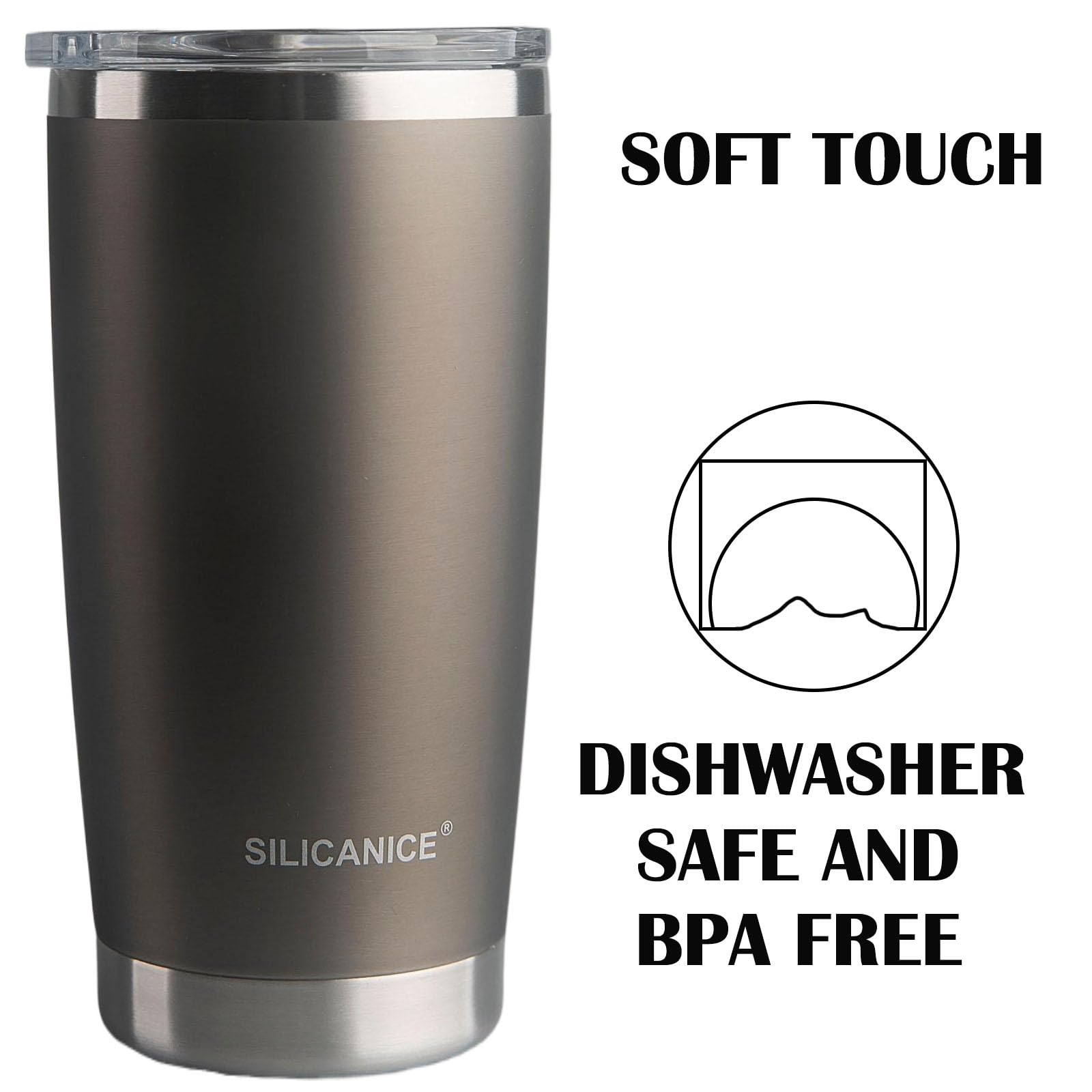 SILICANICE Black The Only Soft Touch 20oz Stainless Steel Insulated Tumbler with MacSlider Lid-Spill Proof,Dishwasher Safe,Durable Thermal Cup for Hot/cold Coffee, Water & Smoothies