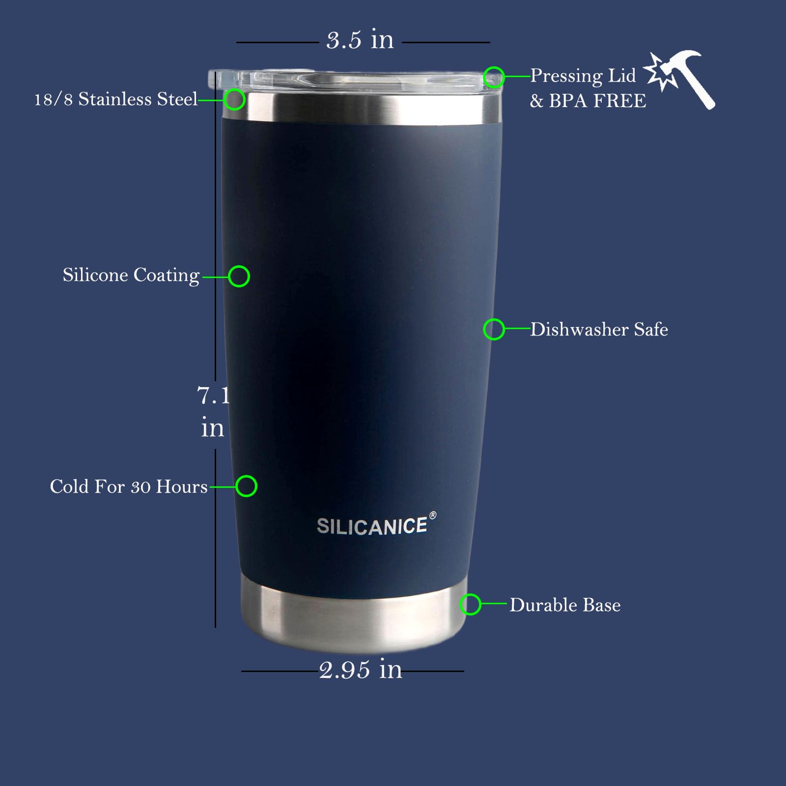 SILICANICE Navy The Only Soft Touch 20oz Stainless Steel Insulated Tumbler with MacSlider Lid-Spill Proof,Dishwasher Safe,Durable Thermal Cup for Hot & cold Coffee, Water & Smoothies