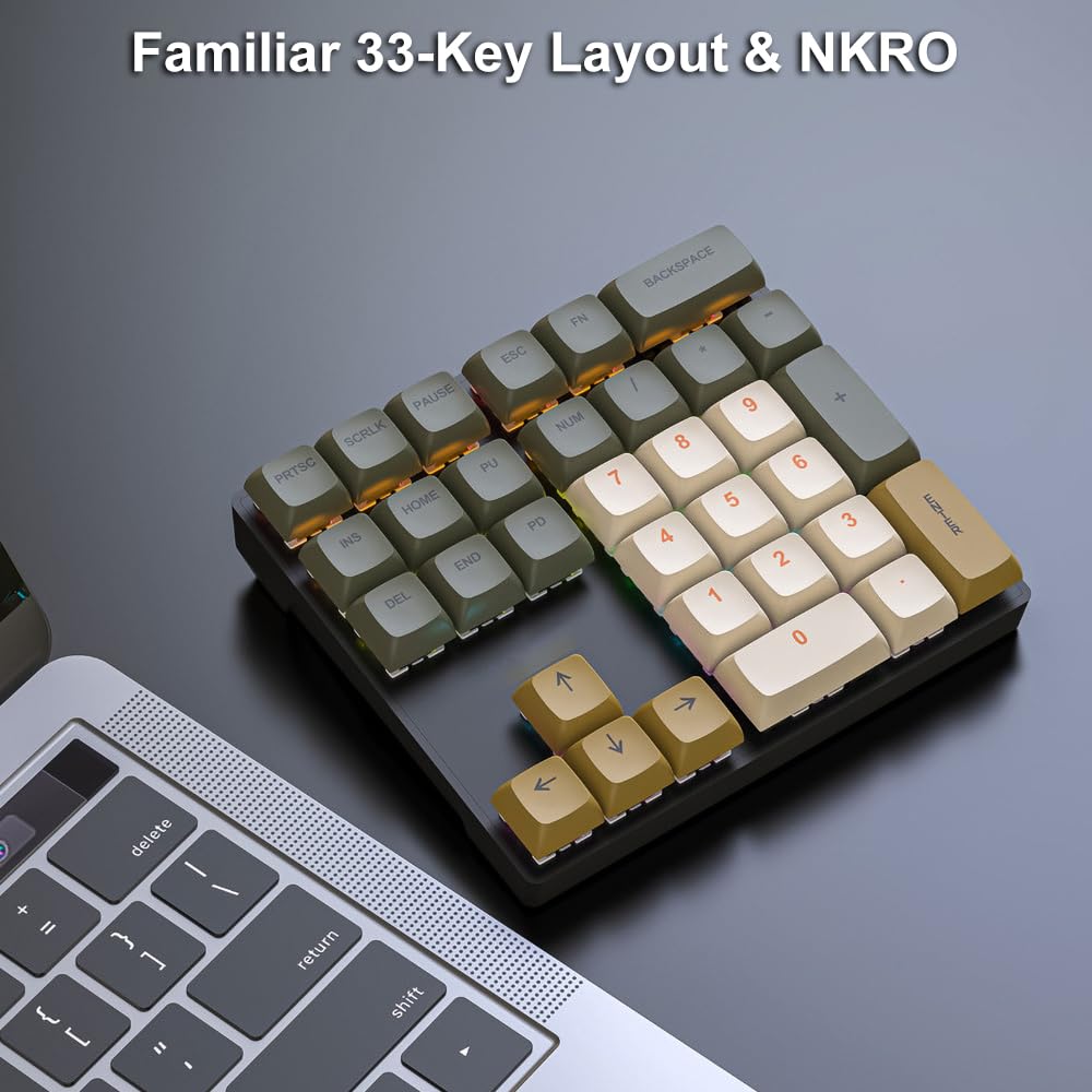 LINKEET Mechanical Numpad Rainbow Backlit Clicky Blue Switches Wired USB Number Pad 33-Key NKRO Numeric Keypad with XDA PBT Keycaps External Keyboard Num Pad for Laptop, Mac - Brown Grey