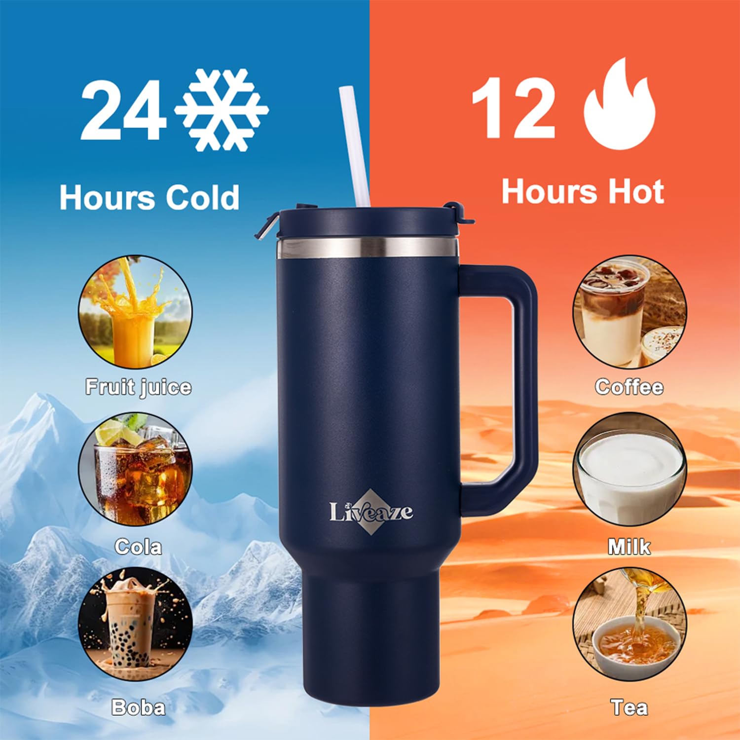 Liveaze 40 OZ/1200 ML Stainless Steel Vacuum Insulated Tumbler With 2 In 1 Lid, Straw & Brush | For Hot & Cold Drinks (Water, Coffee, Iced Tea, Smoothies & Other Drinks) Cupholder Friendly