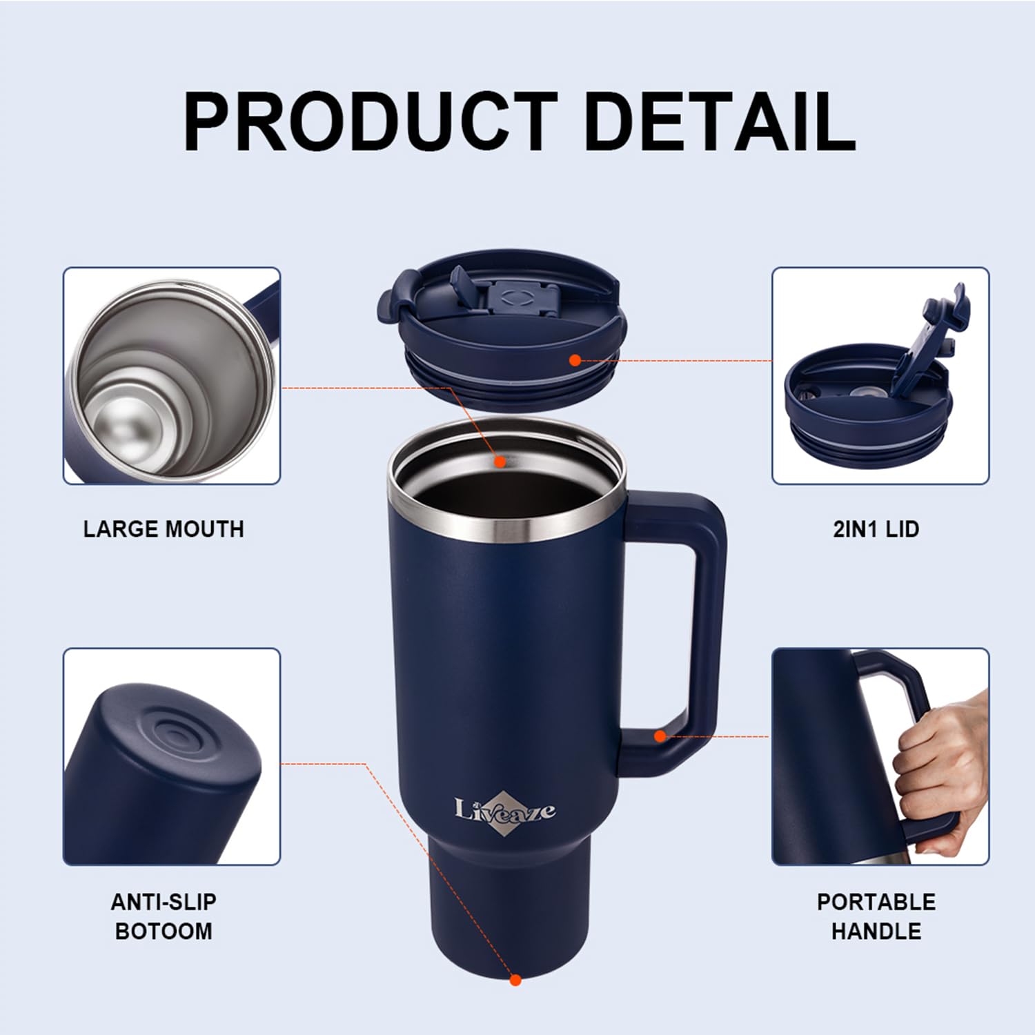 Liveaze 40 OZ/1200 ML Stainless Steel Vacuum Insulated Tumbler With 2 In 1 Lid, Straw & Brush | For Hot & Cold Drinks (Water, Coffee, Iced Tea, Smoothies & Other Drinks) Cupholder Friendly