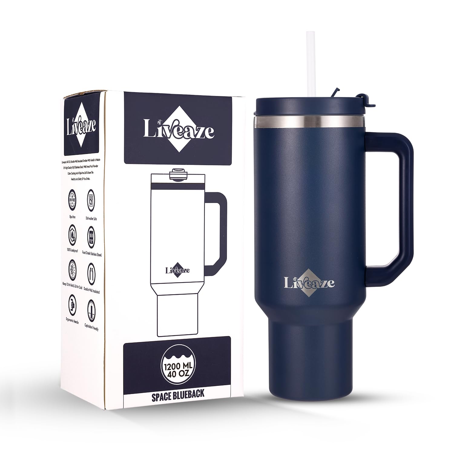 Liveaze 40 OZ/1200 ML Stainless Steel Vacuum Insulated Tumbler With 2 In 1 Lid, Straw & Brush | For Hot & Cold Drinks (Water, Coffee, Iced Tea, Smoothies & Other Drinks) Cupholder Friendly