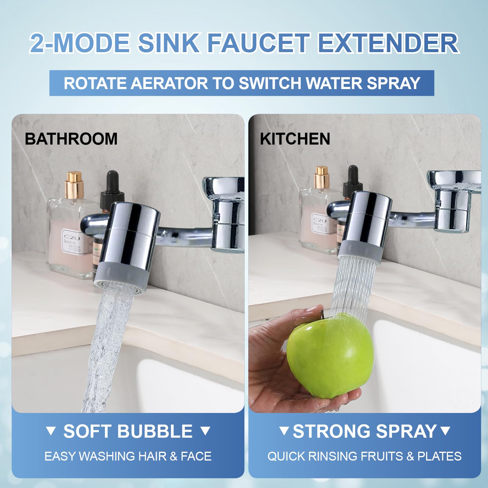 2 Pack Chrome Faucet Aerator, 1080° Swivel Faucet Extender, Kitchen Sink Aerator Extension With 2 Water Outlet Modes Faucet Nozzle, Bathroom Rotating Faucet Attachment