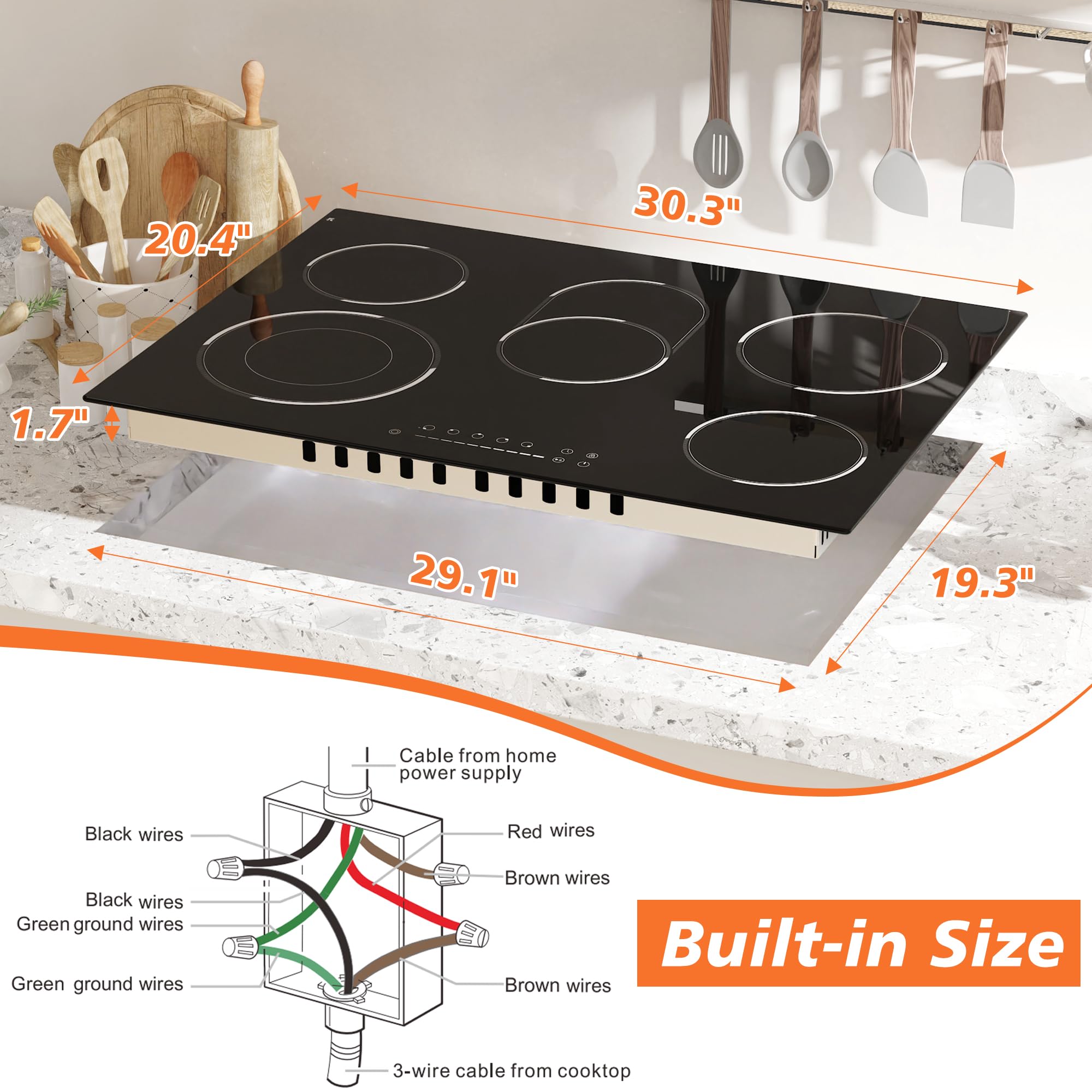 Traenvir 30 Inch Electric Cooktop, 5 Burner 8400W Built-in Electric Stovetop, Ceramic Cooktop with Expanded Zone, Slide Touch Control, Timer, Child Safety Lock, Pause, 220V - 240V Hard Wire, No Plug