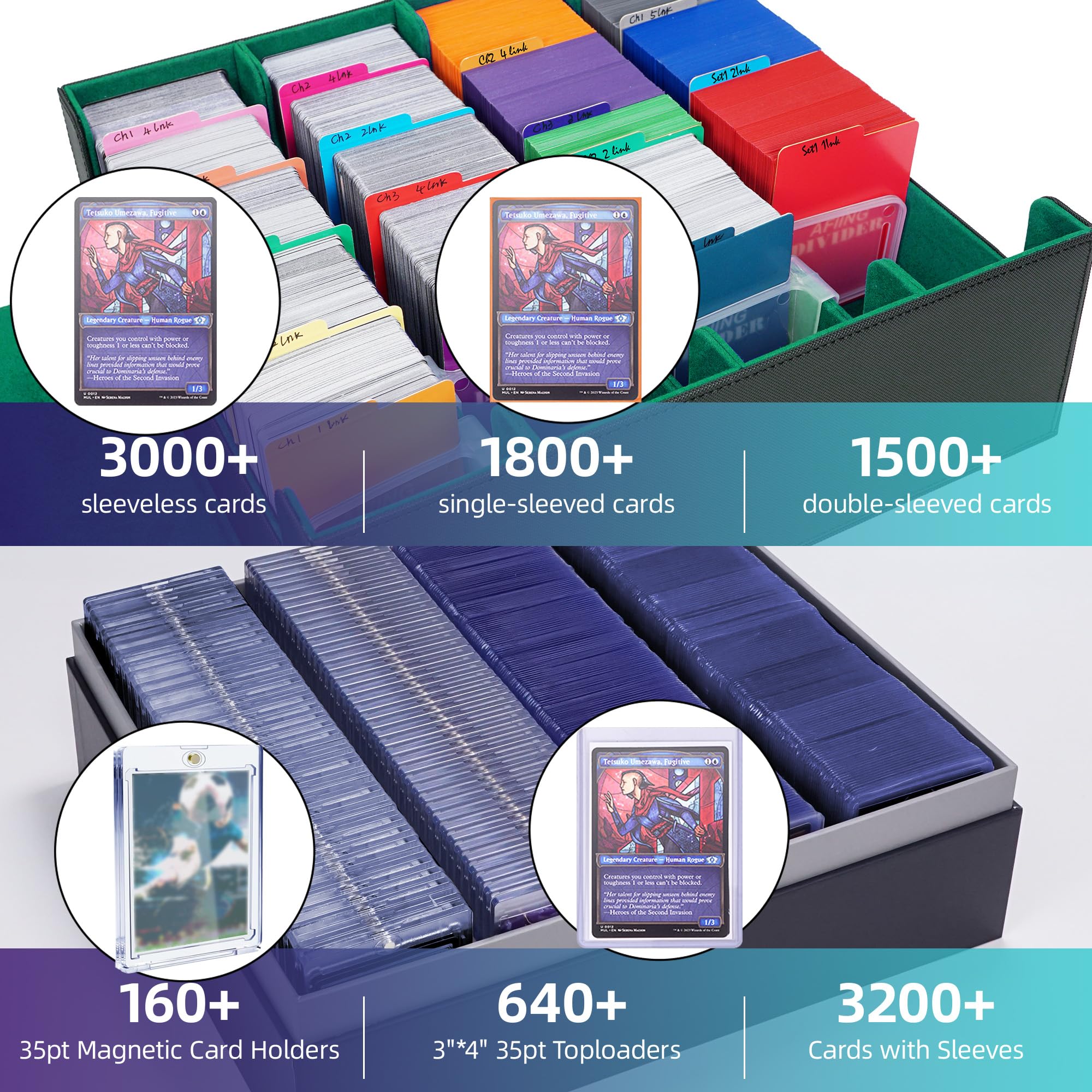 AFIING Trading Card Storage Box 6000+ Capacity – DIY Toploader Case w/ 24 Dividers & 8 Supports, Fits 3x4 Rigid Card, Deck Box for MTG TCG Sports Cards– Black & Blue