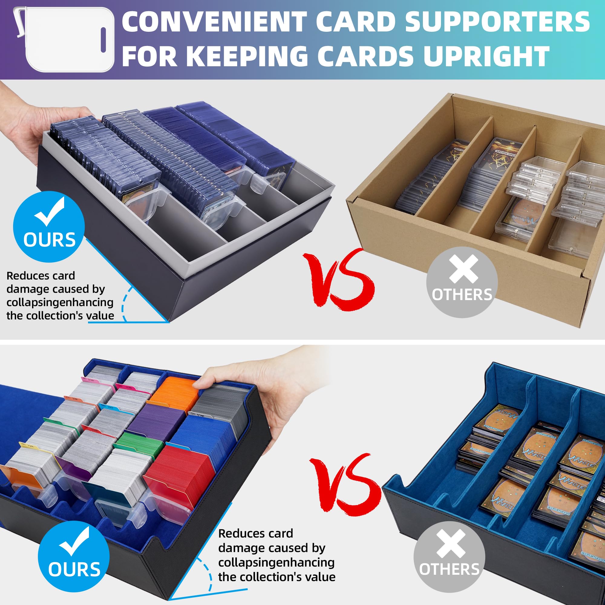 AFIING Trading Card Storage Box 6000+ Capacity – DIY Toploader Case w/ 24 Dividers & 8 Supports, Fits 3x4 Rigid Card, Deck Box for MTG TCG Sports Cards– Black & Blue